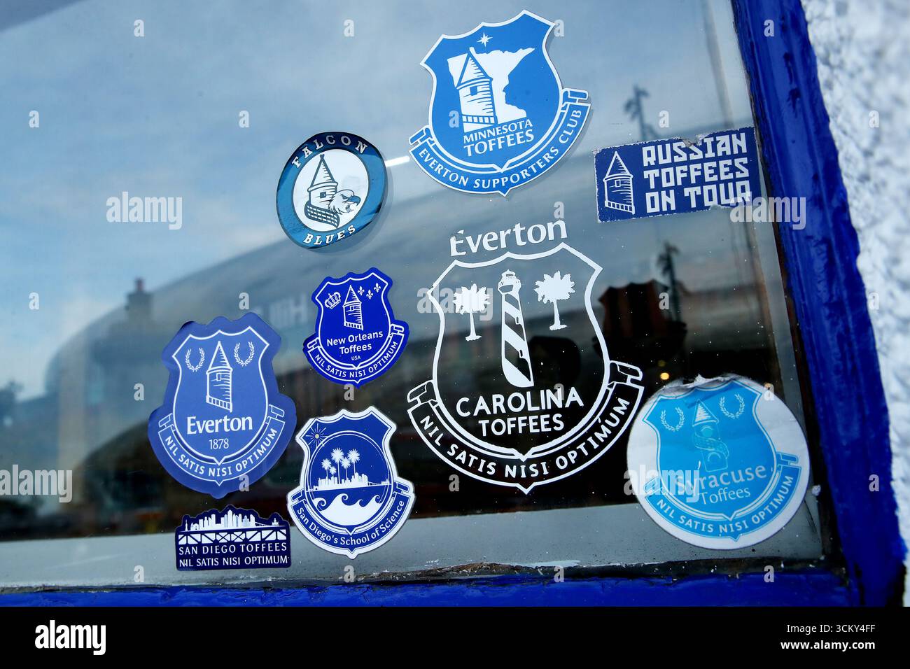 Everton stickers on a window opposite the stadium ahead of the Premier ...