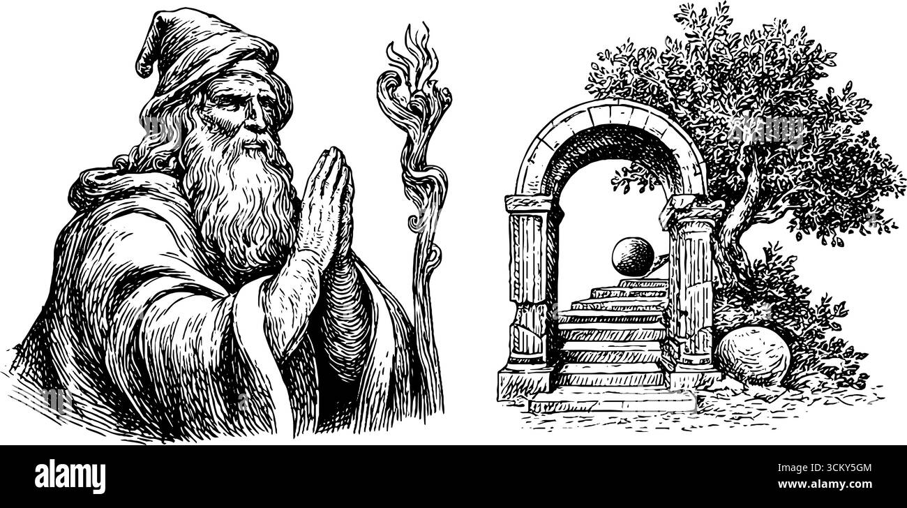 Mystical tarot and rune illustration featuring wizard and ancient ...