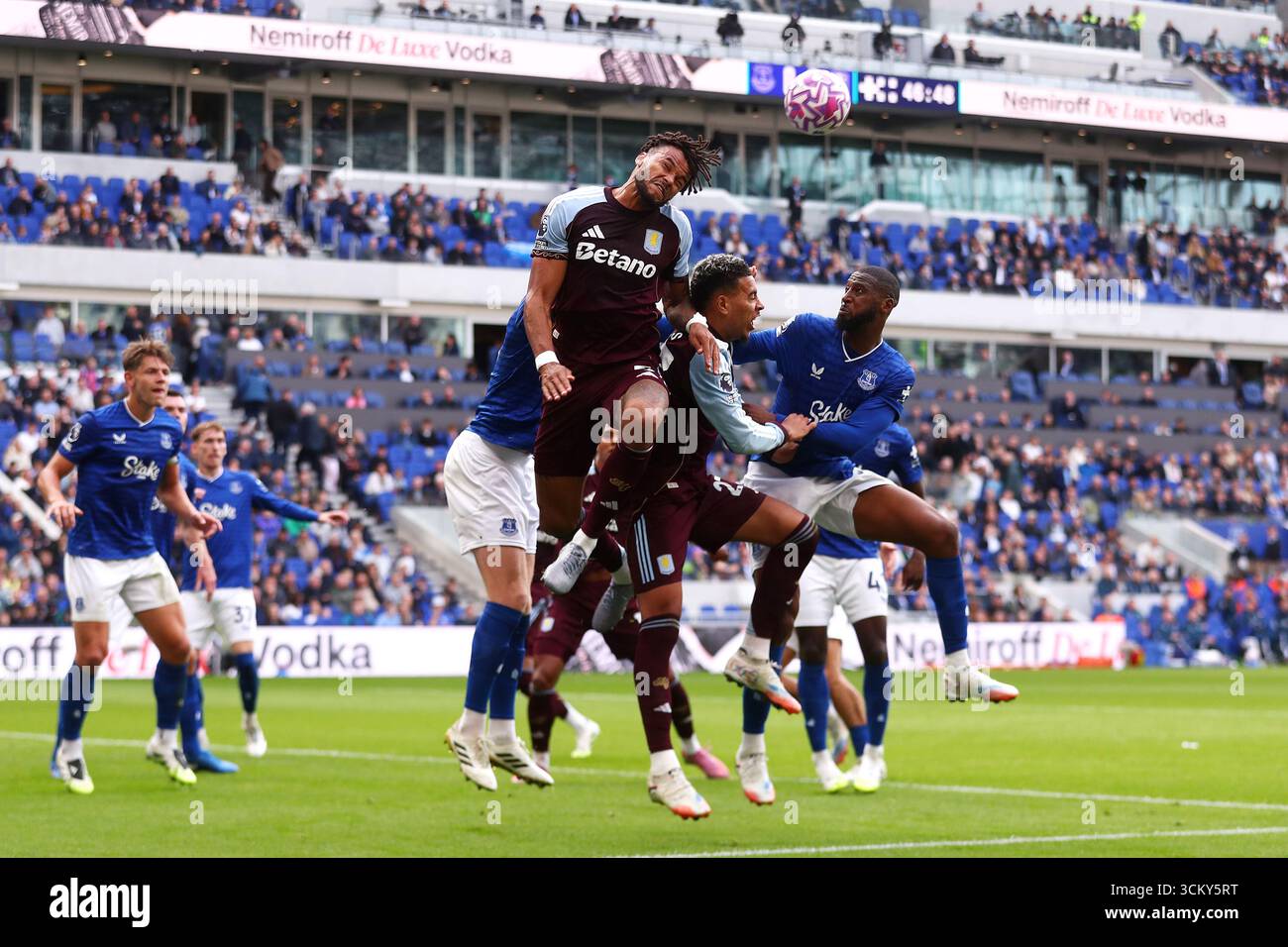 Aston Villa's Tyrone Mings (centre left) clears the ball during the ...