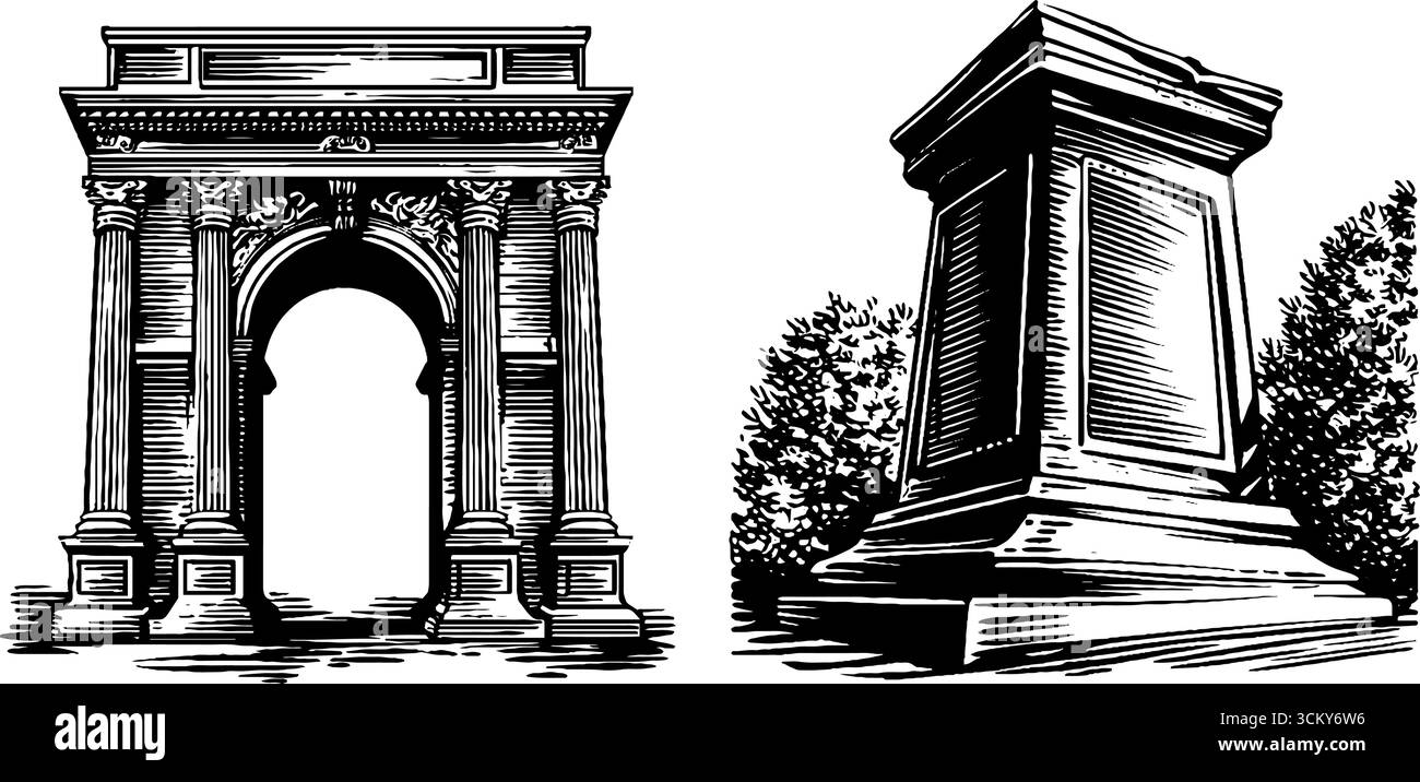 Architectural elements featuring arched gateway and square column base ...