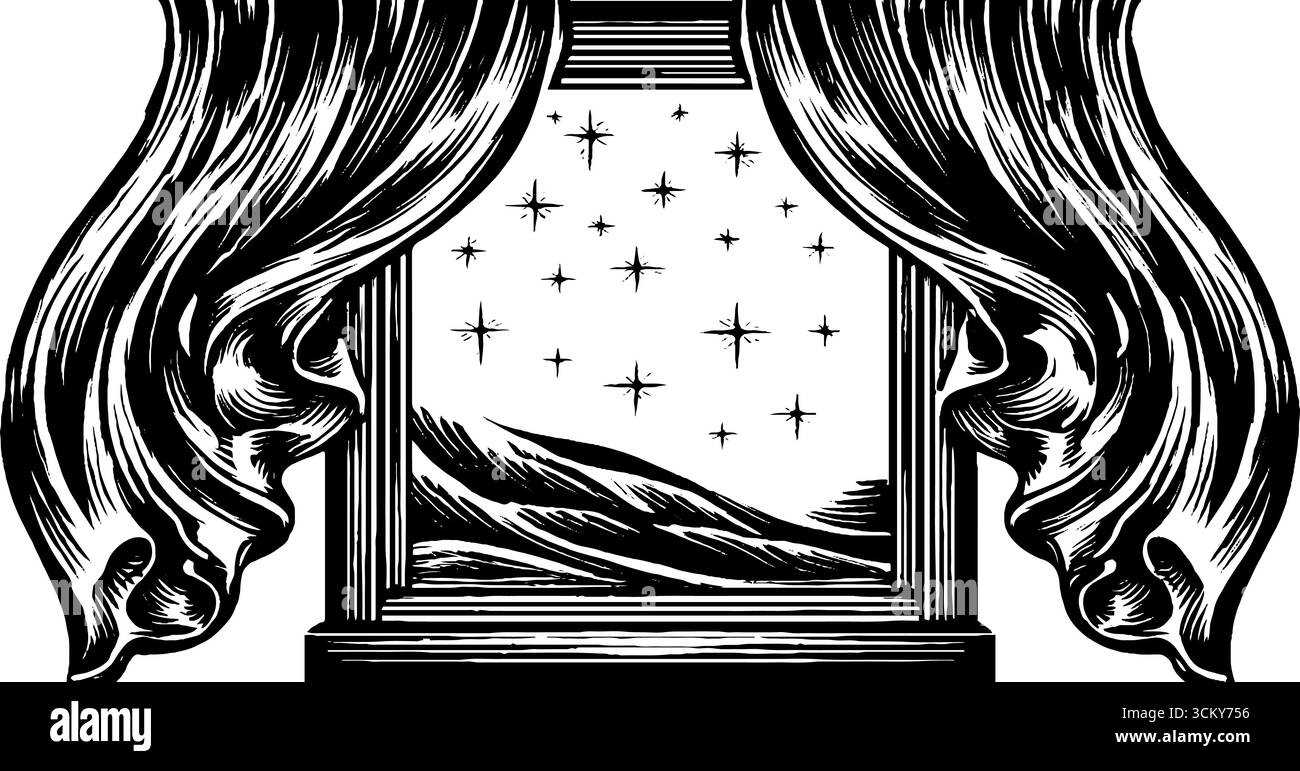 Night sky view through window with flowing curtains and twinkling stars ...