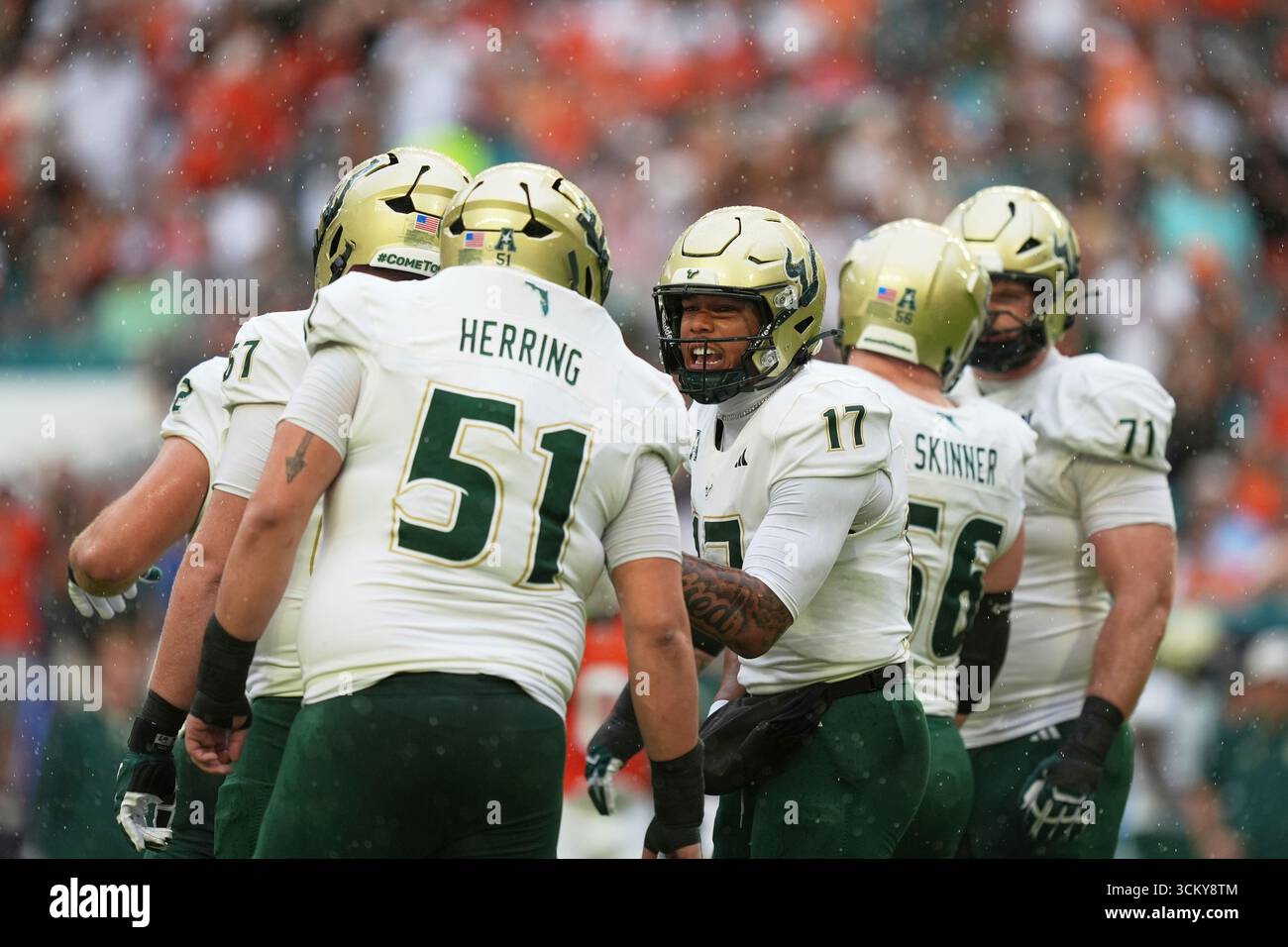 South Florida quarterback Byrum Brown (17), talks to his players ...