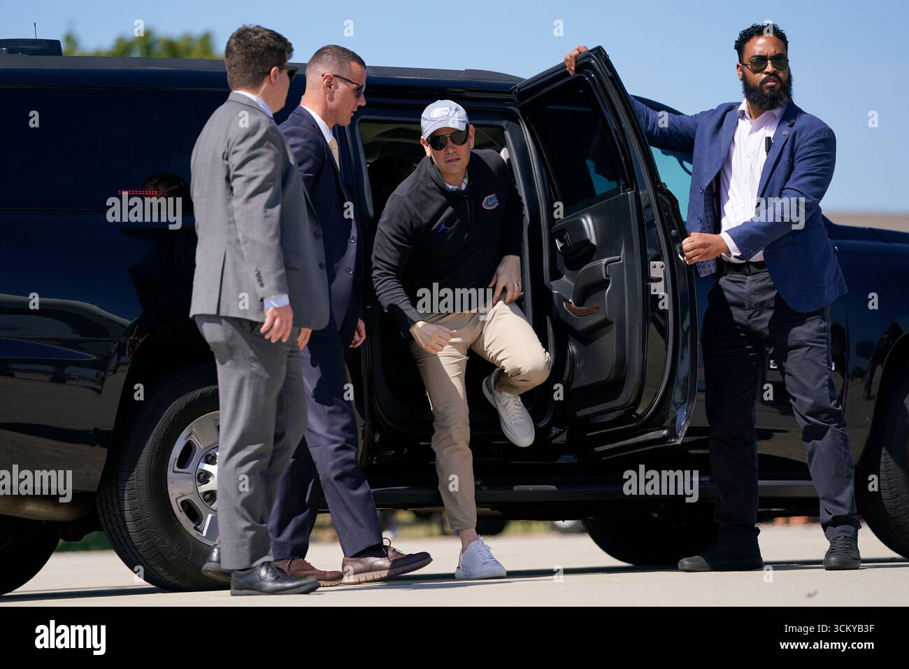 Secretary of State Marco Rubio arrives in a vehicle before departing ...