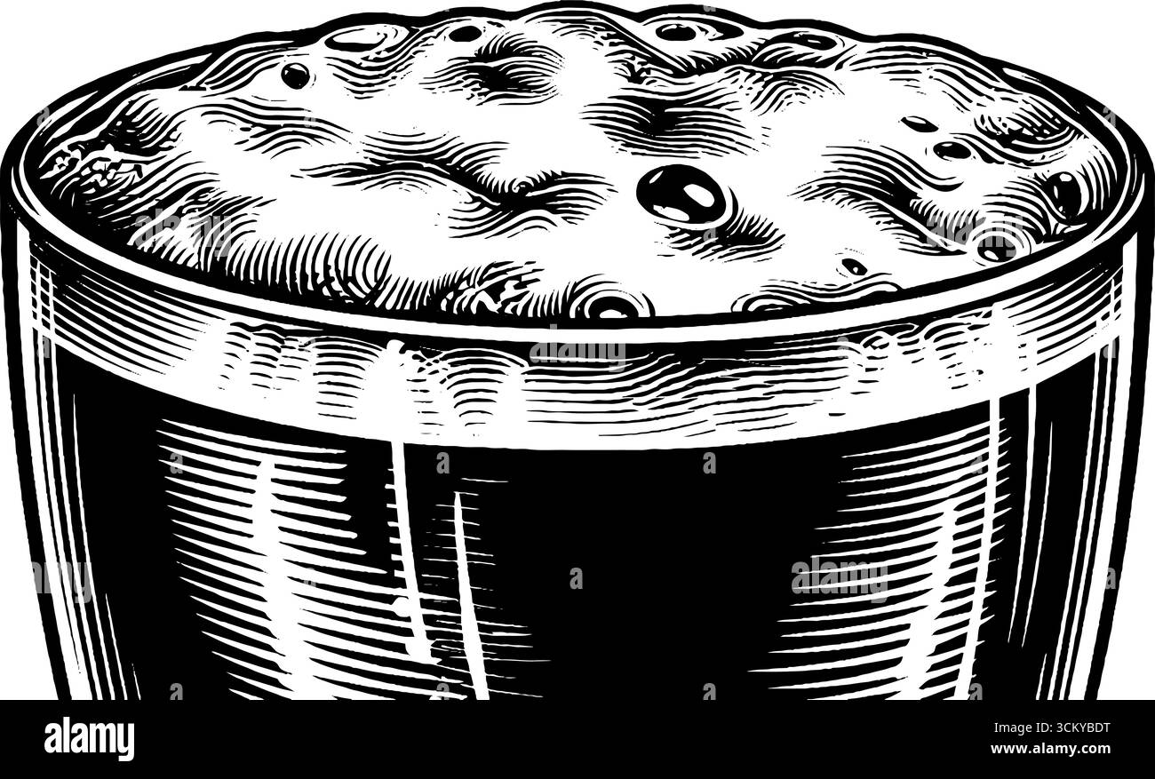 Black and white illustration of a pint of dark beer with frothy head ...