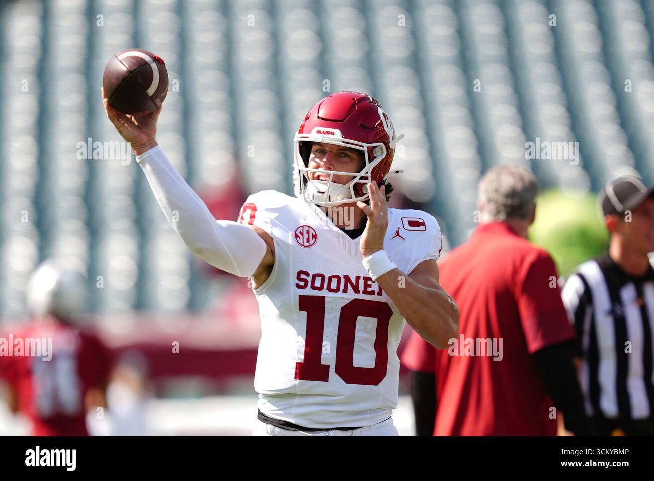 Oklahoma quarterback John Mateer in action during an NCAA college ...