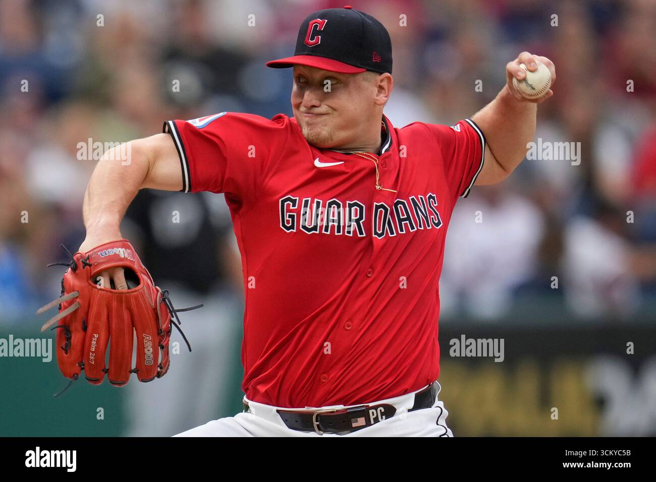 Cleveland Guardians' Parker Messick pitches in the first inning of a ...