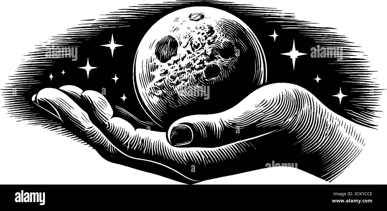 Stars moon in hand Black and White Stock Photos & Images - Alamy
