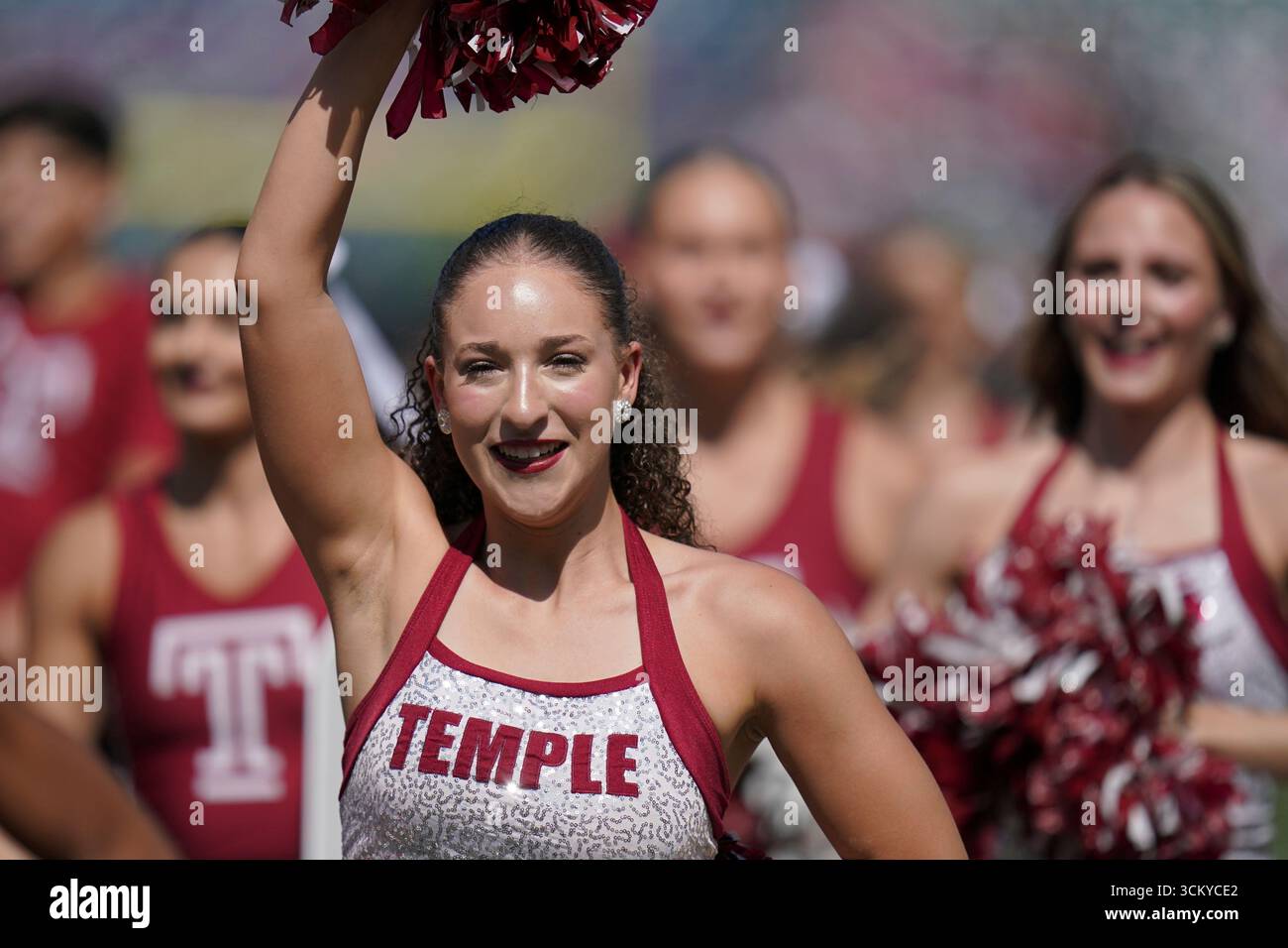 Temple cheerleaders perform before an NCAA football game against Oklahoma, Saturday, Sept. 13 ...