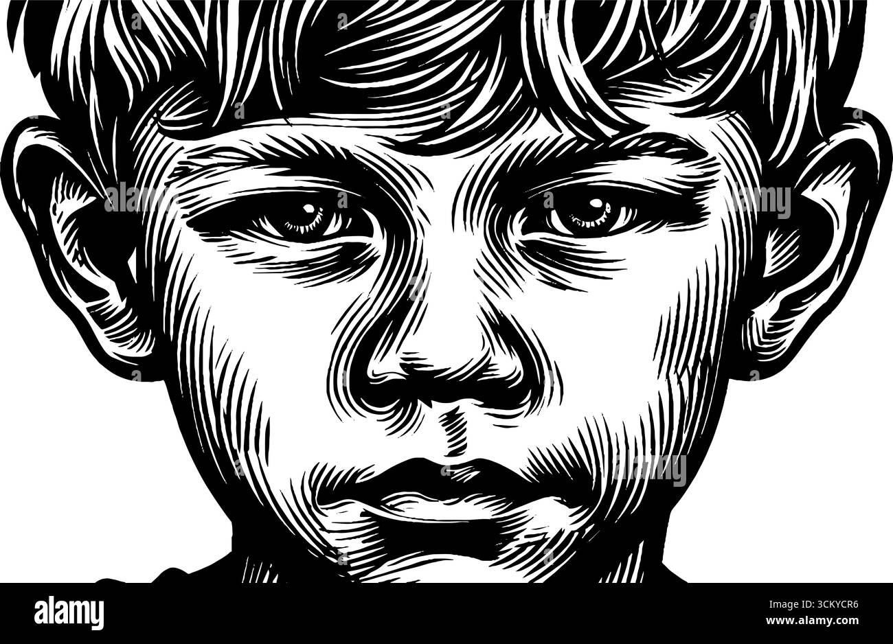 Haunted child portrait with expressionless stare, black and white art ...