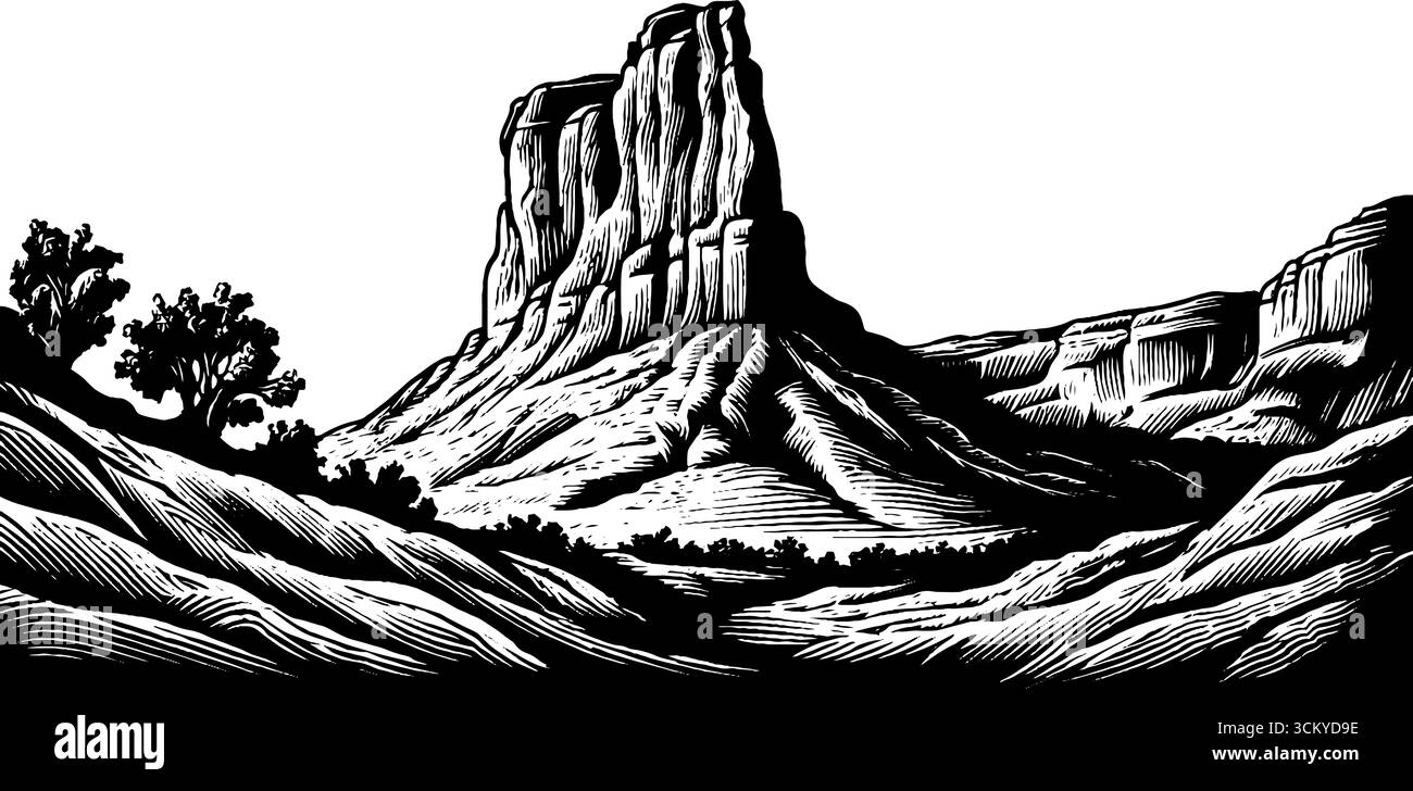 Monochrome rock spire landscape in canyon setting for art and design ...