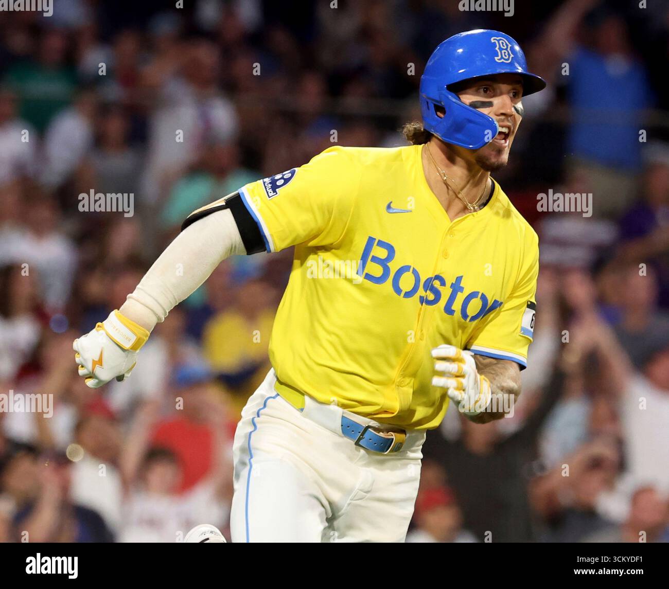 Boston Red Sox's Jarren Duran reacts after hitting a home run during ...