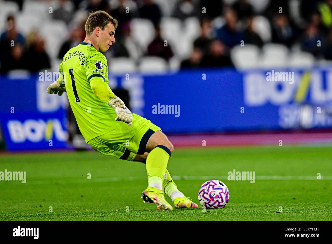 Goalkeeper Mads Hermansen (1 West Ham) takes goal kick, during the ...