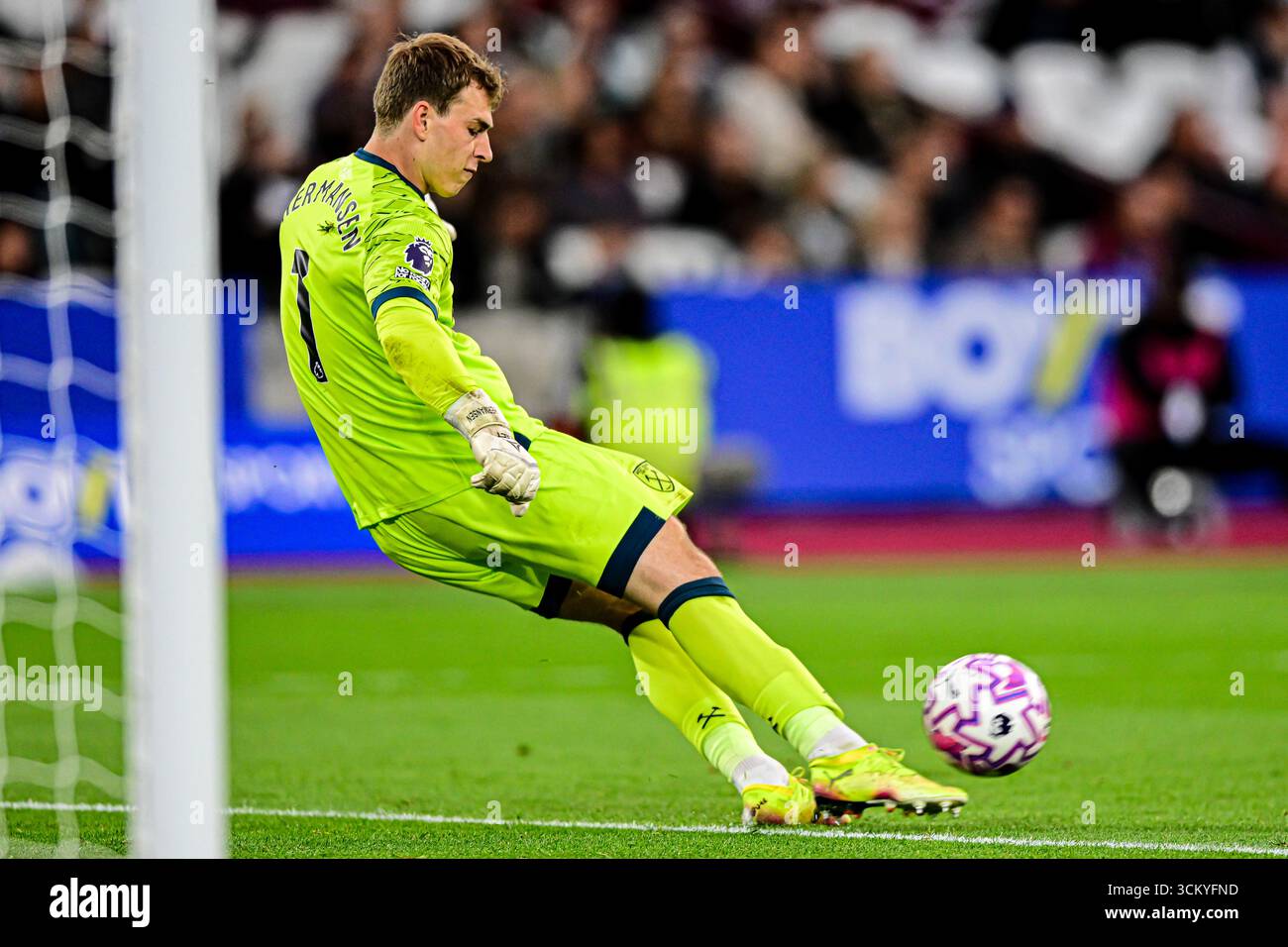 Goalkeeper Mads Hermansen (1 West Ham) takes goal kick during the ...