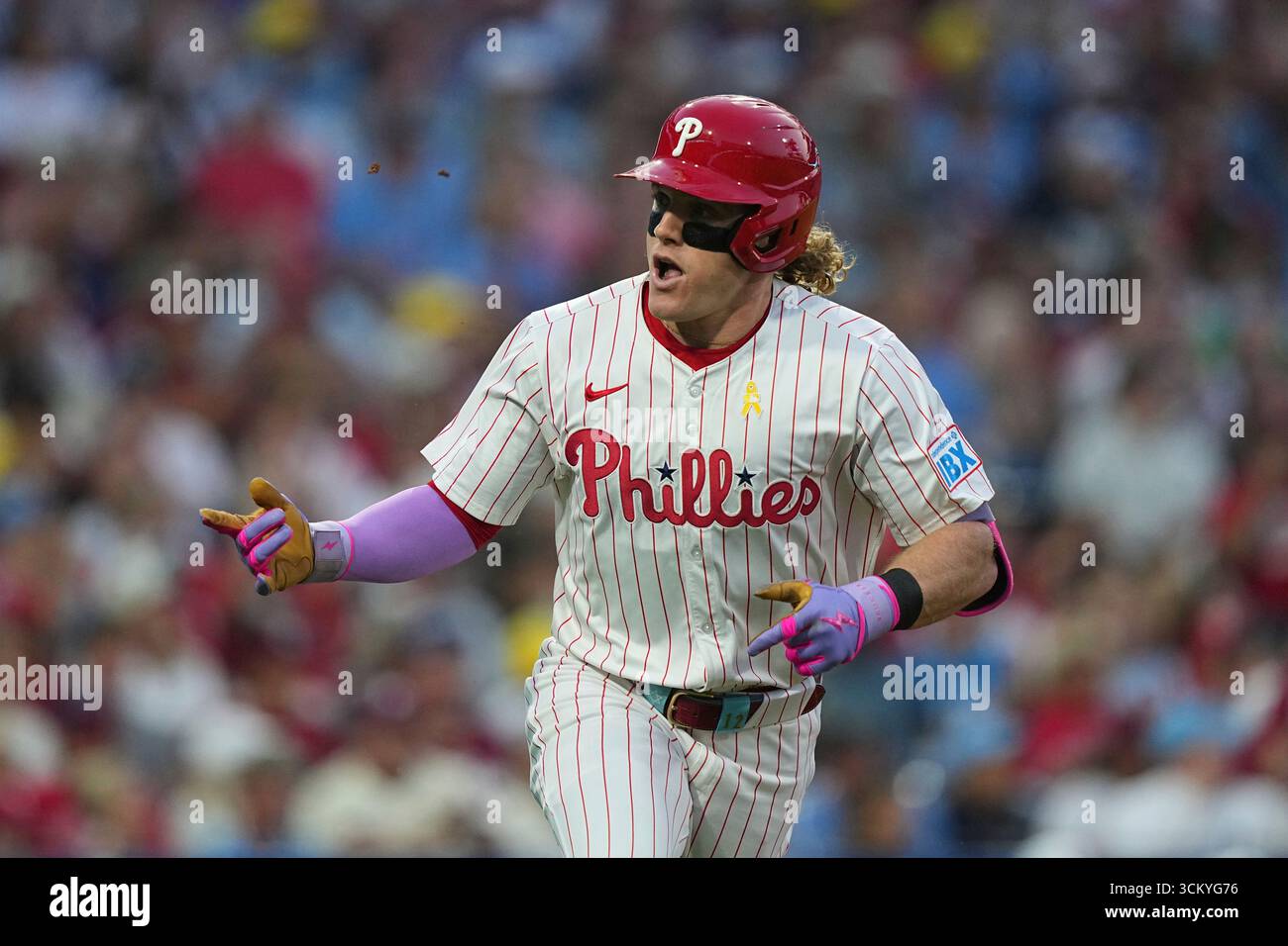 Philadelphia Phillies' Harrison Bader runs to first during the third ...