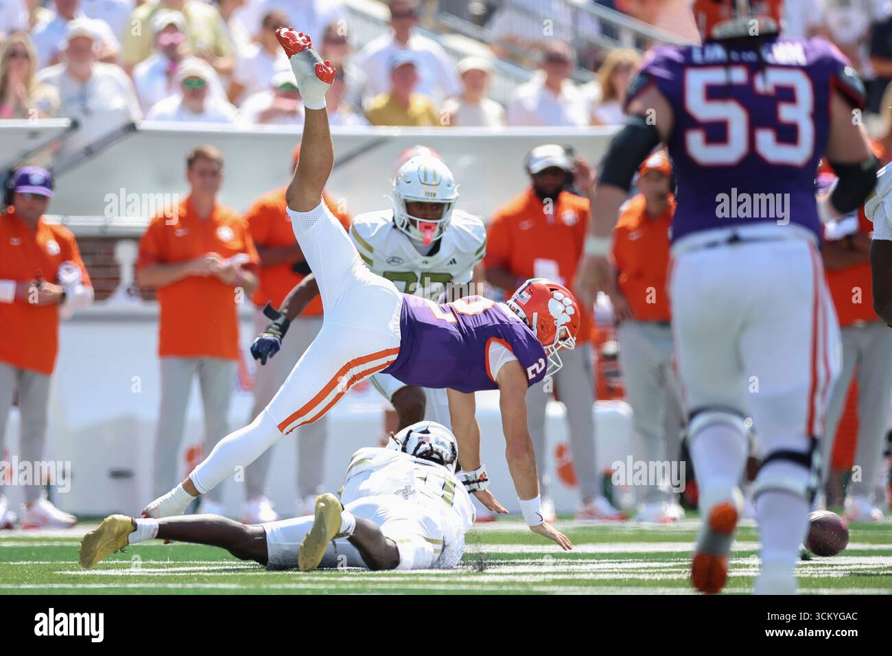 Clemson quarterback Cade Klubnik (2) fumbles the ball during the first ...