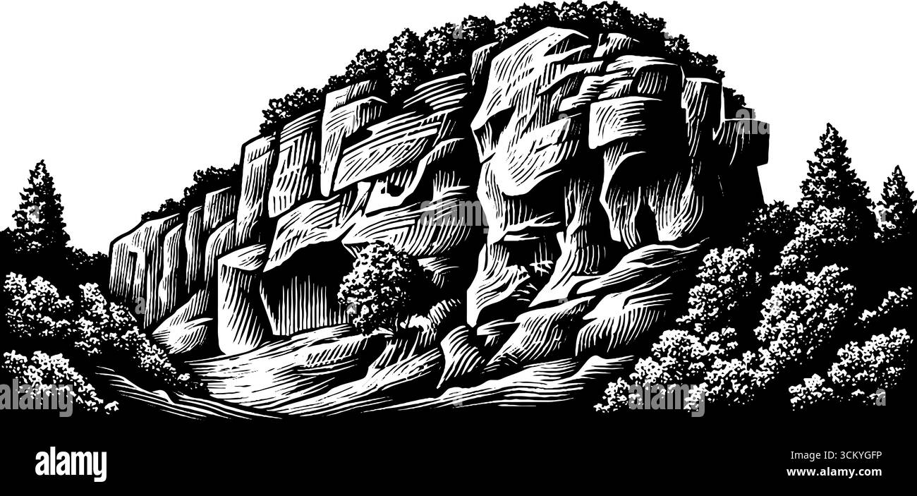 Weathered cliff with caves in black and white for print or poster ...