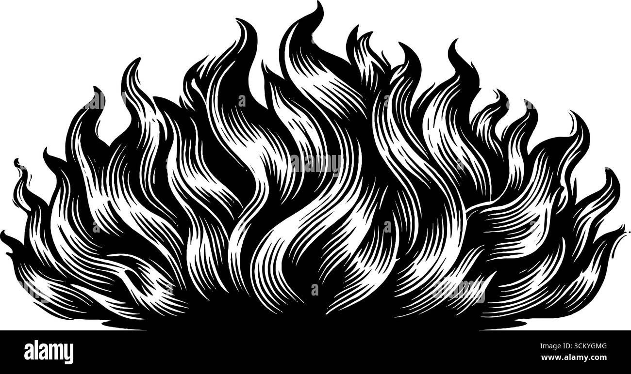 Black and white woodcut of match in flames depicting intensity and ...