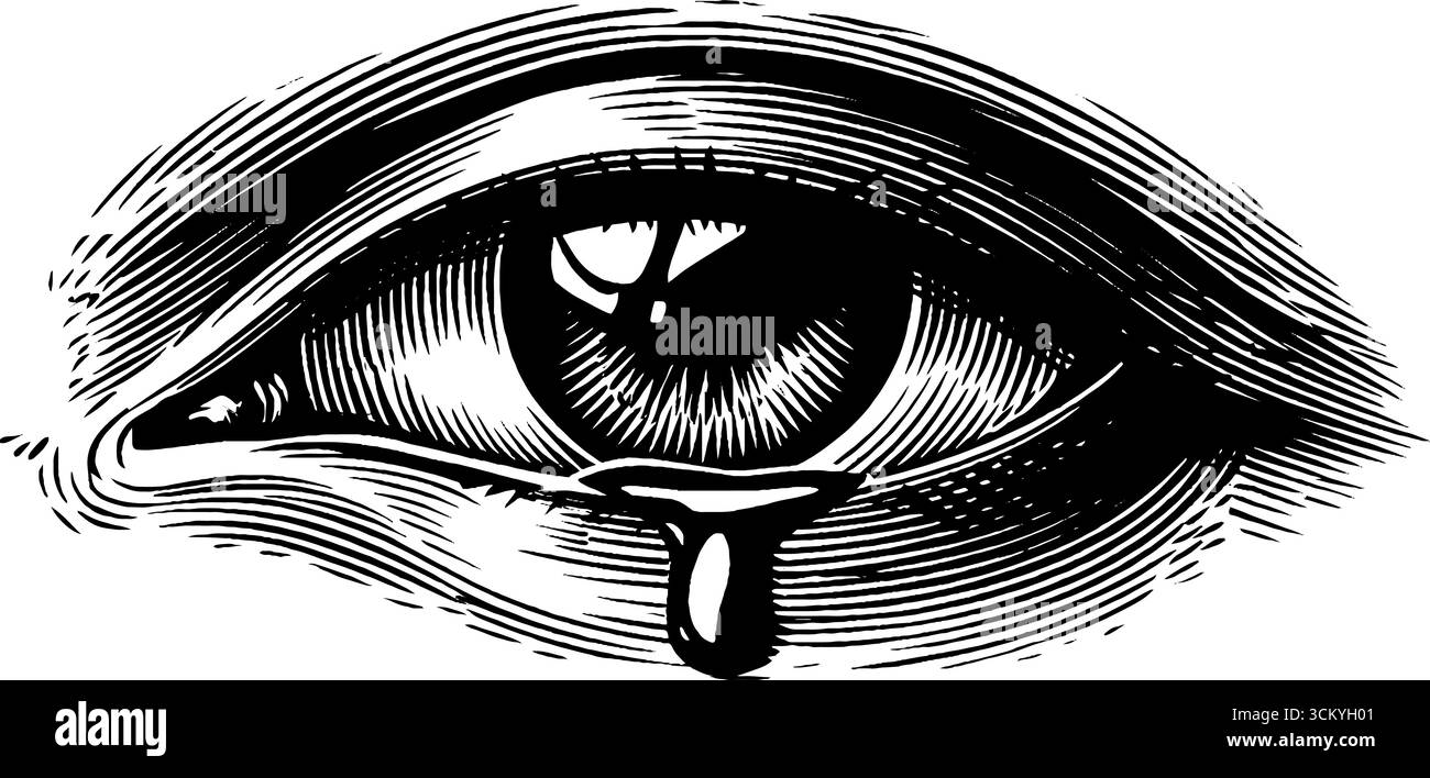 Emotional expression with tear rolling from closed eye in black line ...