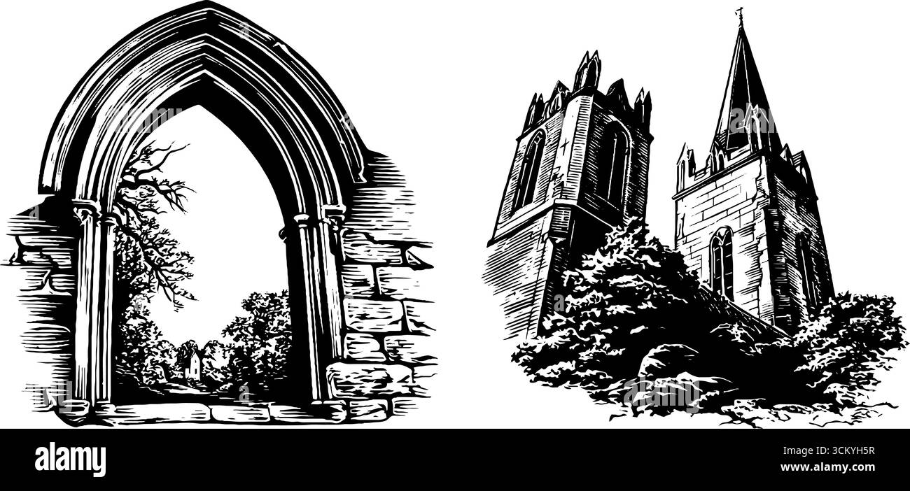 Ornate gothic arch and tower with stone window details for historical ...