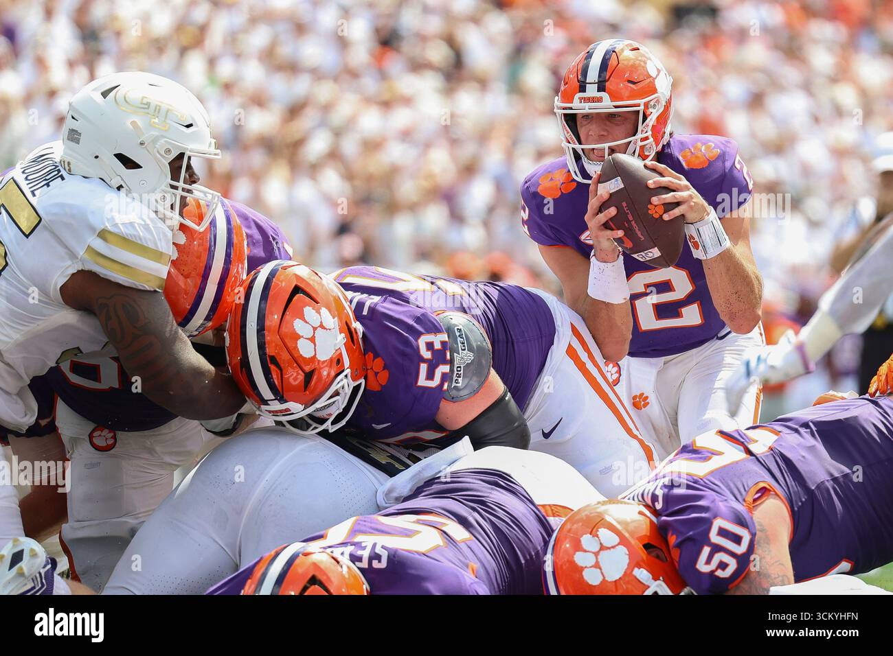 Clemson quarterback Cade Klubnik (2) dives over the goal line and scores a touchdown during the ...