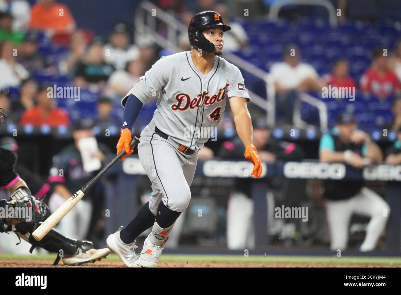 Detroit Tigers' Wenceel Perez watches after hitting a RBI double to ...