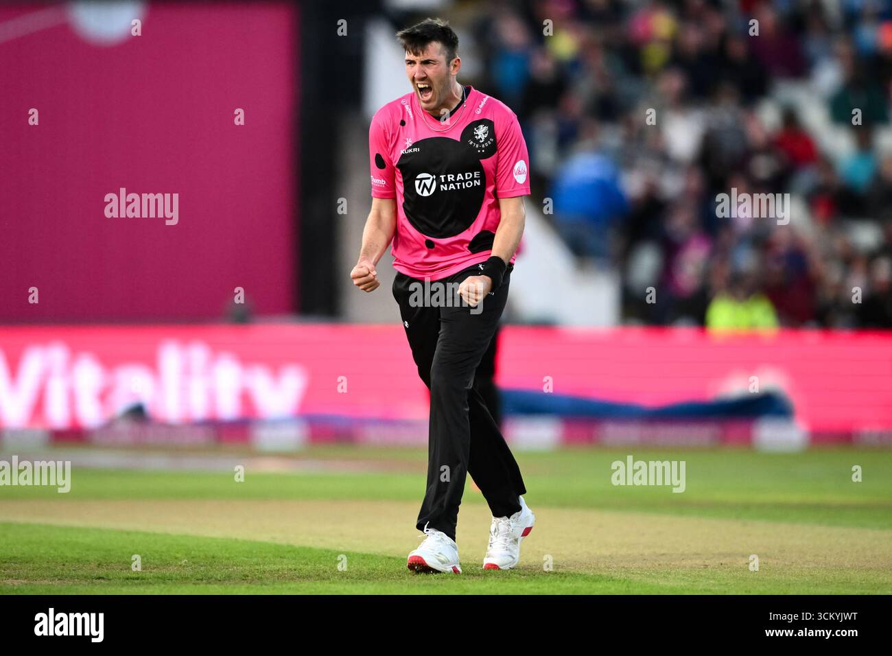 Birmingham, UK, 13 September 2025. Craig Overton of Somerset celebrates ...