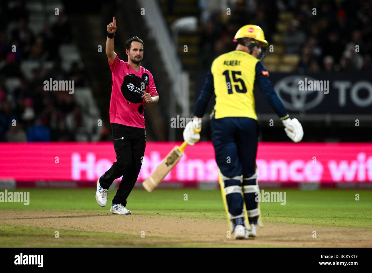 Birmingham, UK, 13 September 2025. Lewis Gregory of Somerset celebrates ...