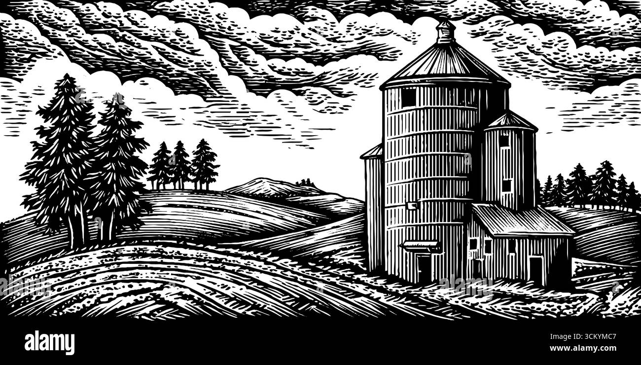Grain silo silhouette at dusk with trees in black and white landscape ...