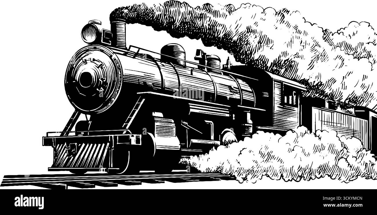 Vintage steam locomotive with puffing smokestack - retro train ...