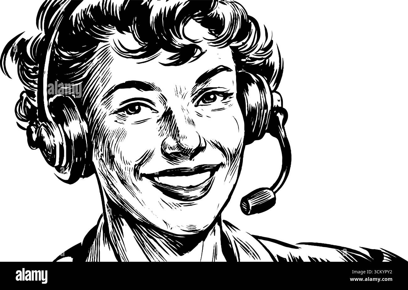 Vintage call center operator wearing headset for business communication ...
