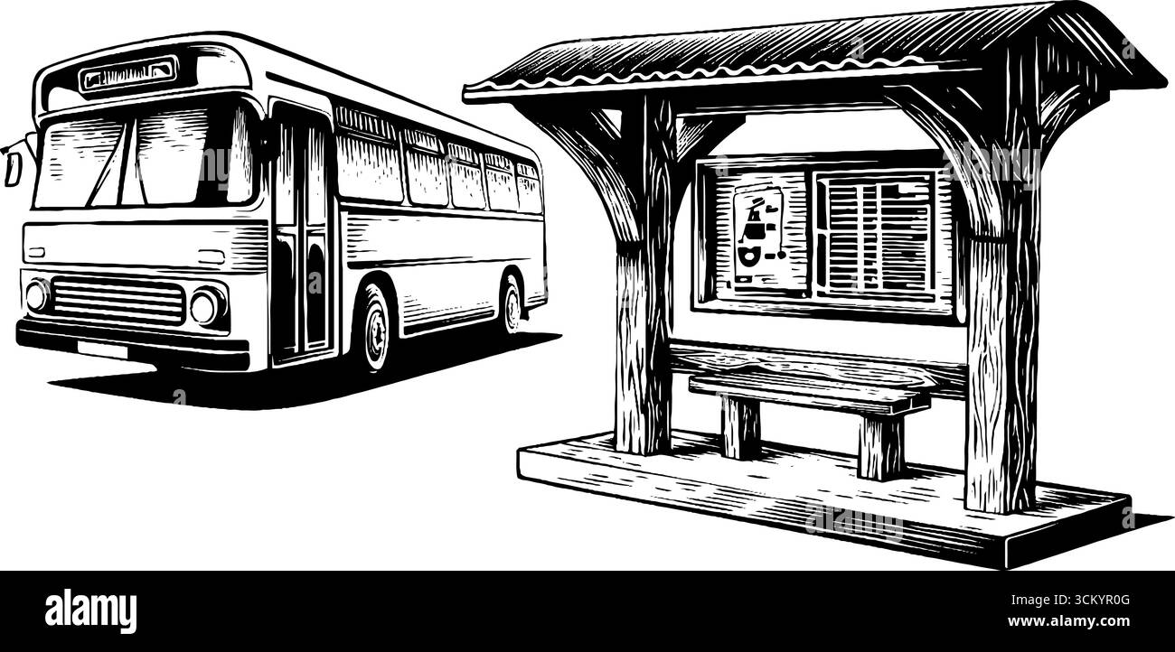 Vintage bus stop sign and route map sketch for retro design projects ...