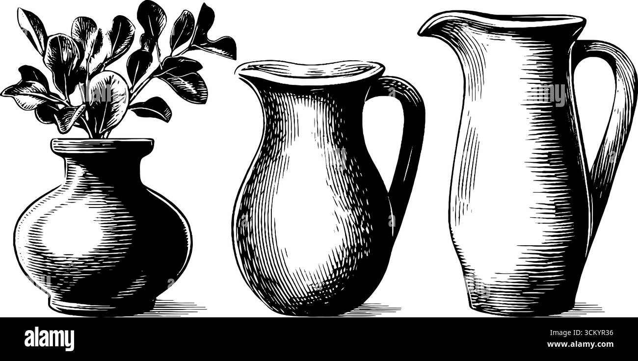 Elegant set of hand-drawn ceramic jugs and vase with minimalist pattern ...