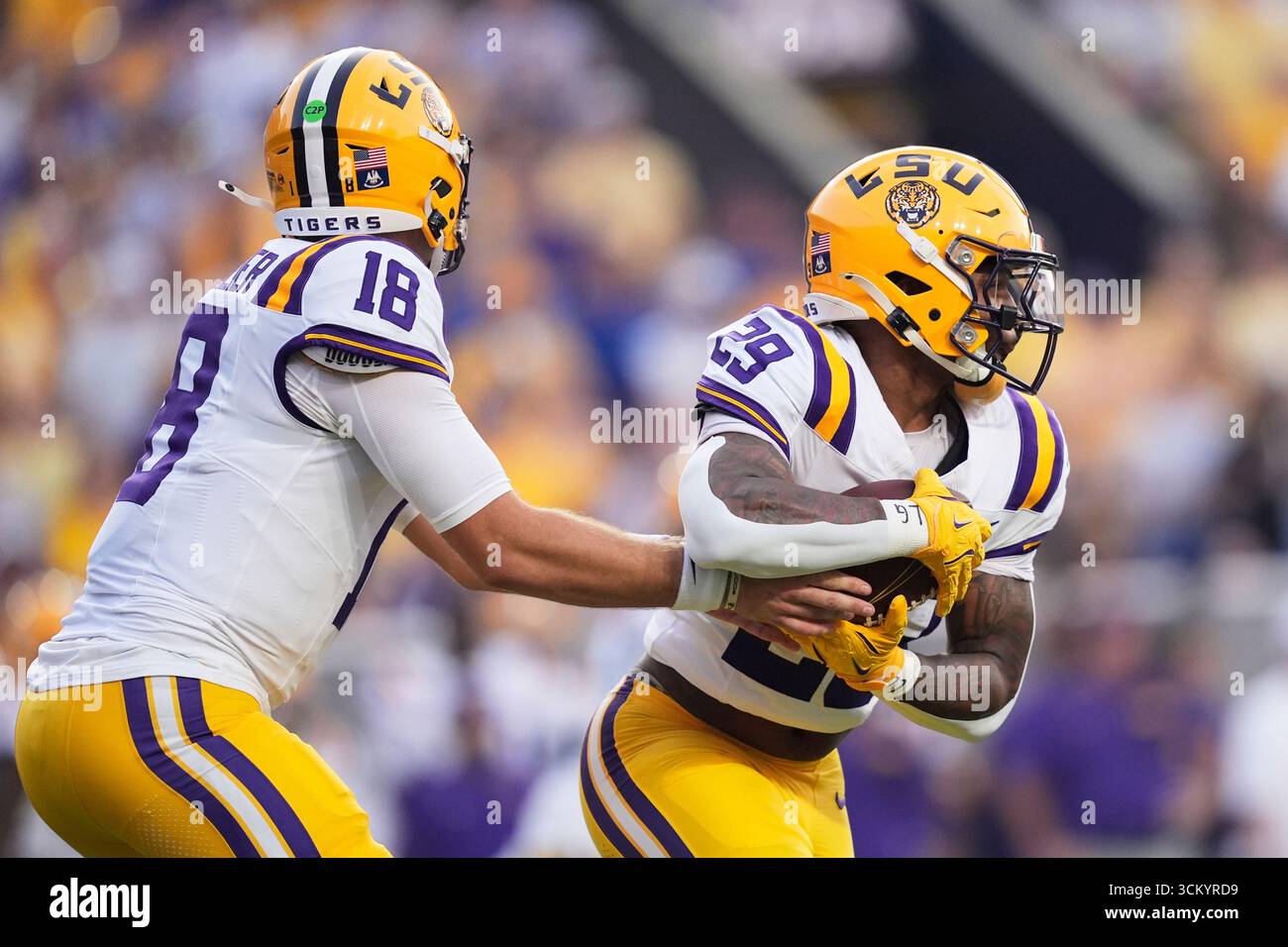 LSU quarterback Garrett Nussmeier (18) hands off to running back Caden ...