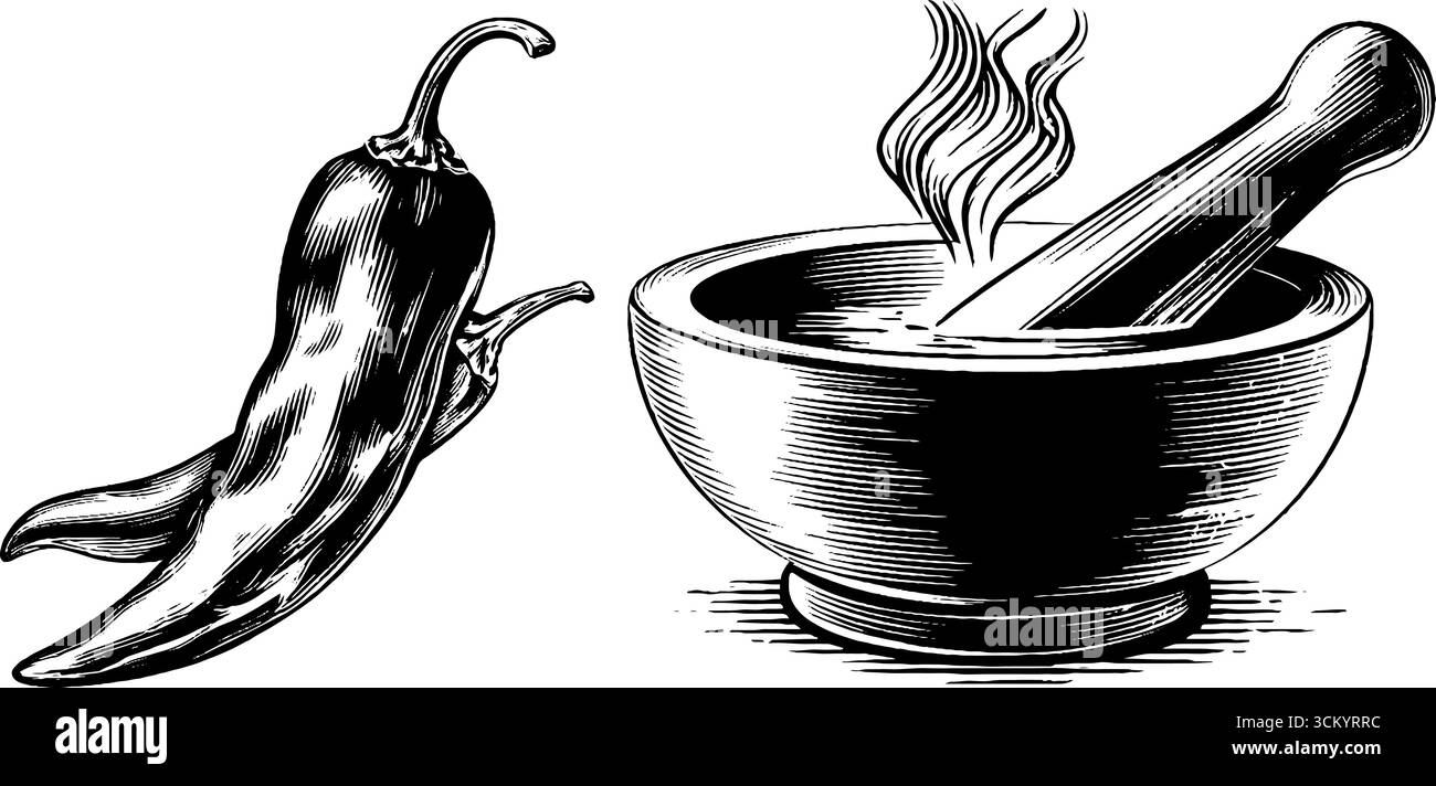 Rustic culinary art with dried chili and mortar and pestle illustration ...