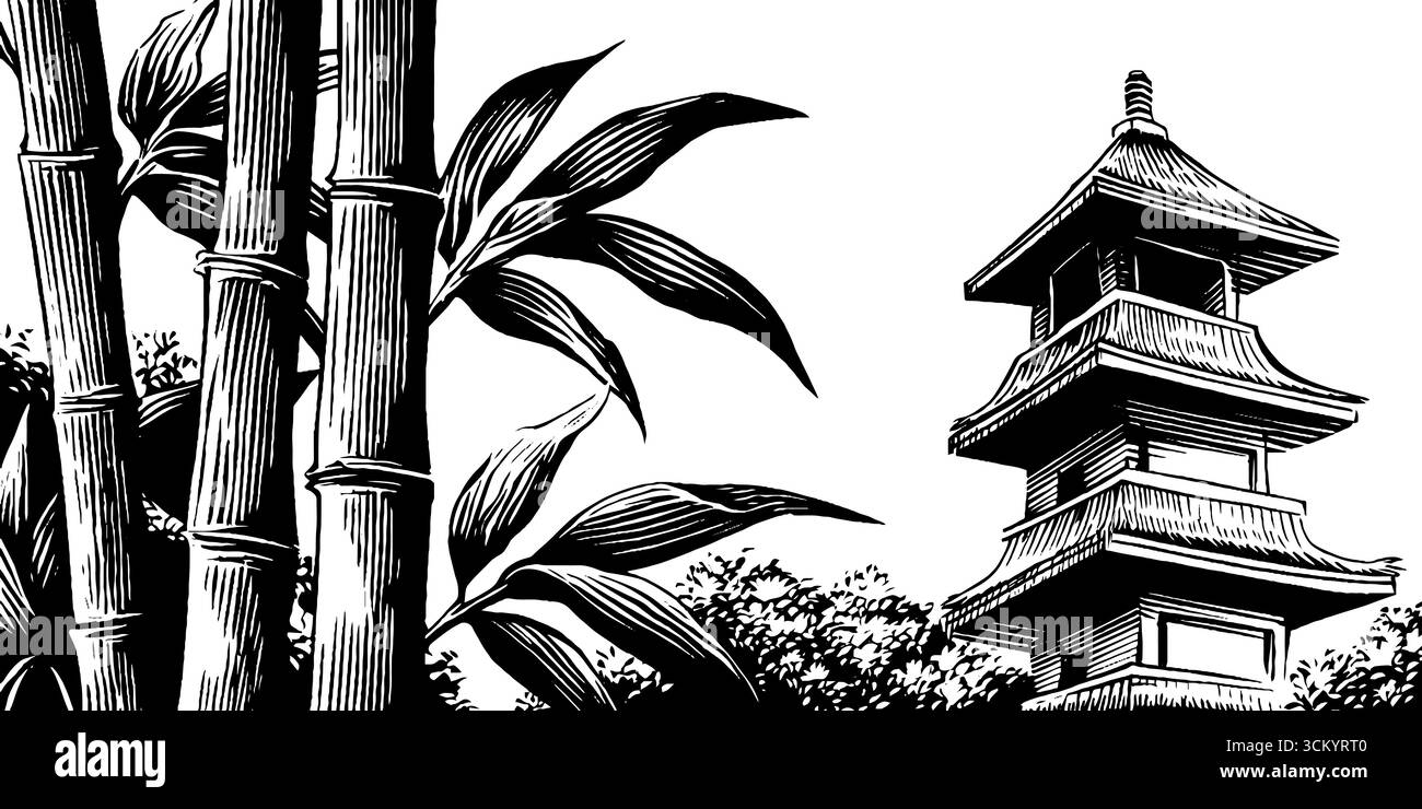 Traditional chinese pagoda and bamboo silhouette for decorative design ...