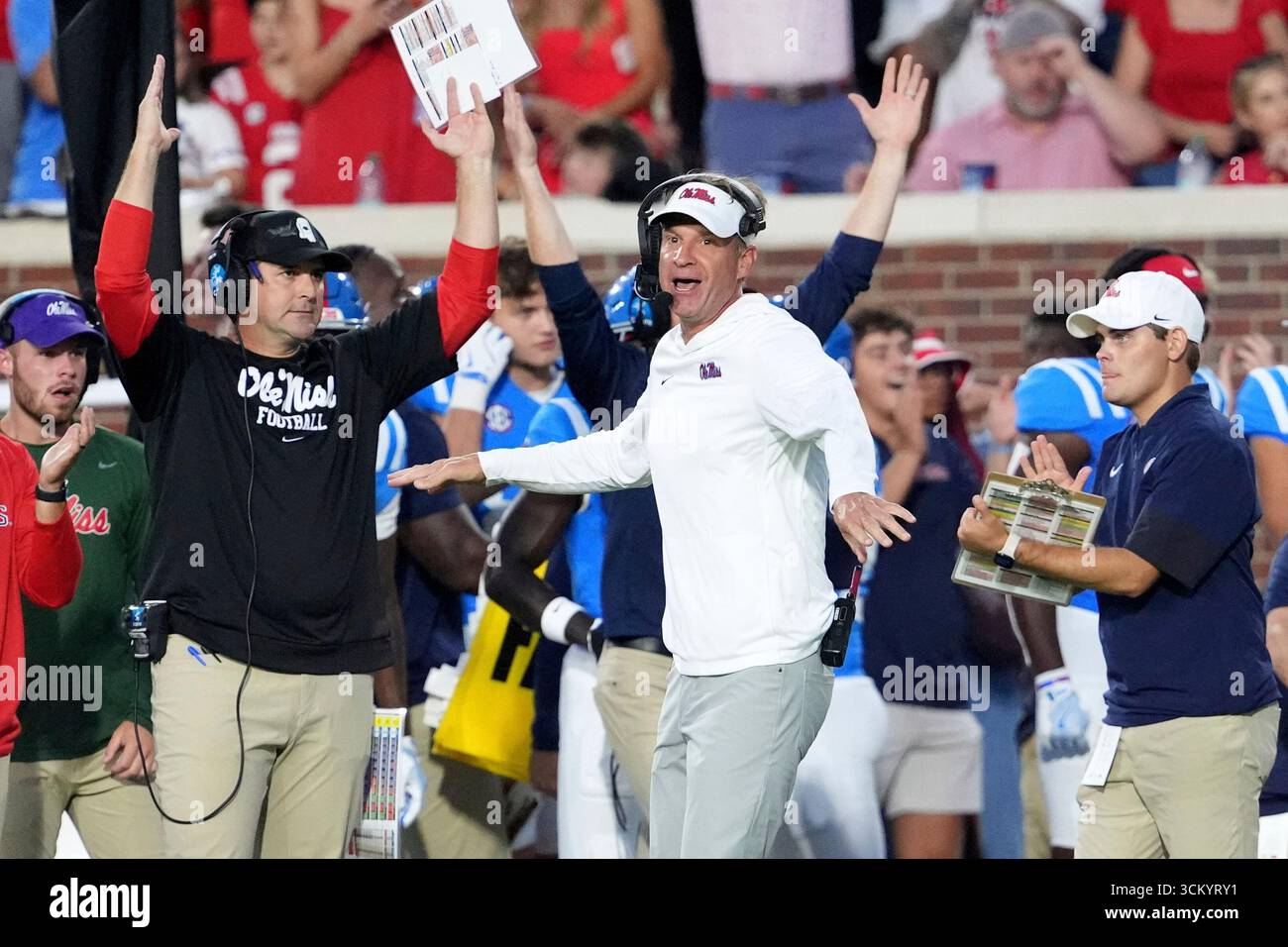 Mississippi head coach Lane Kiffin gestures after his team scores a ...