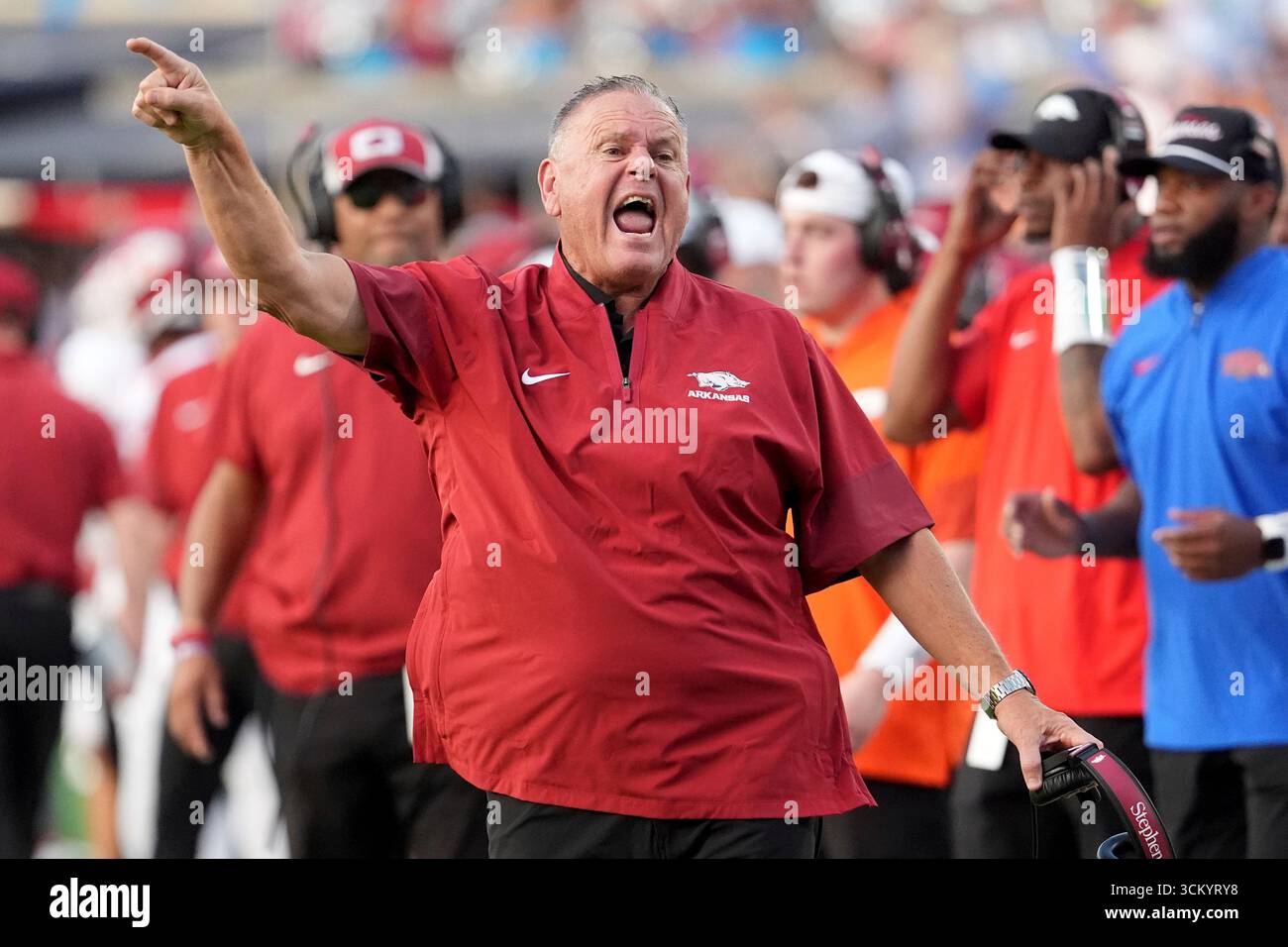 Arkansas head coach Sam Pittman yells at the officials during the first ...