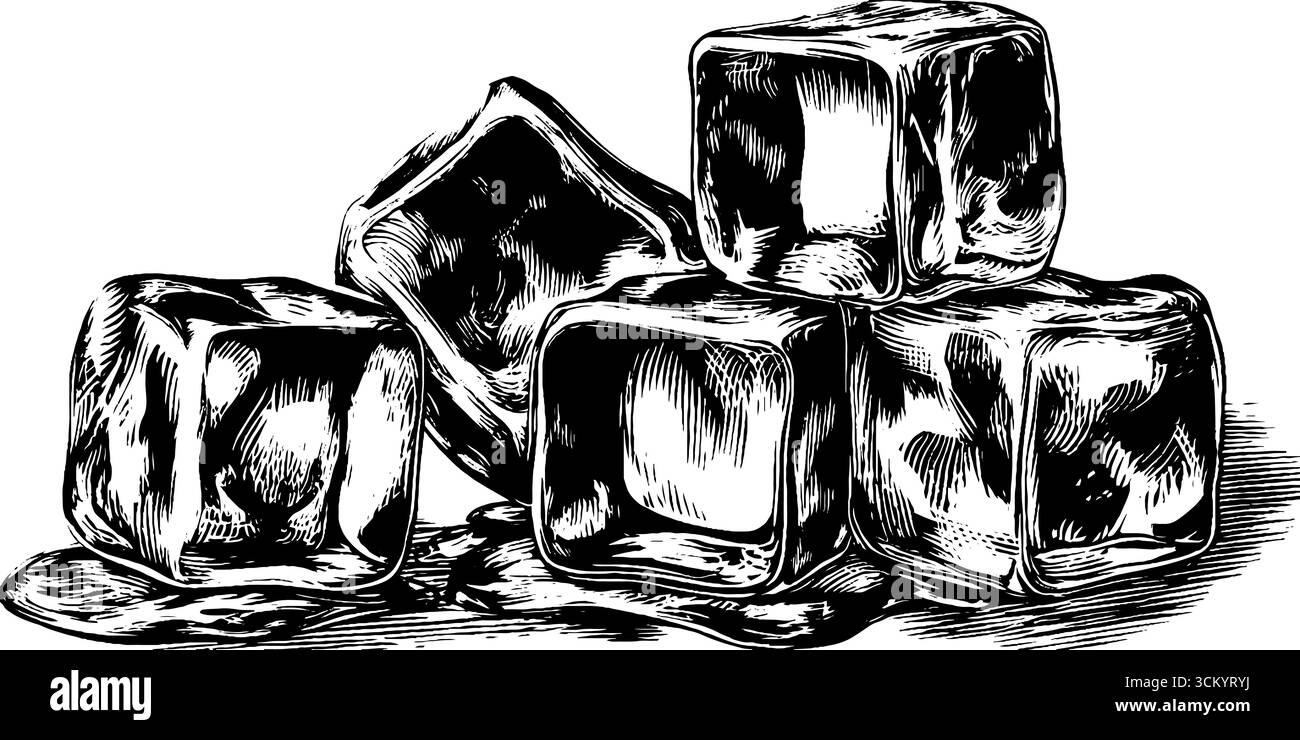 Cascading ice cubes in vintage black and white woodcut style Stock ...