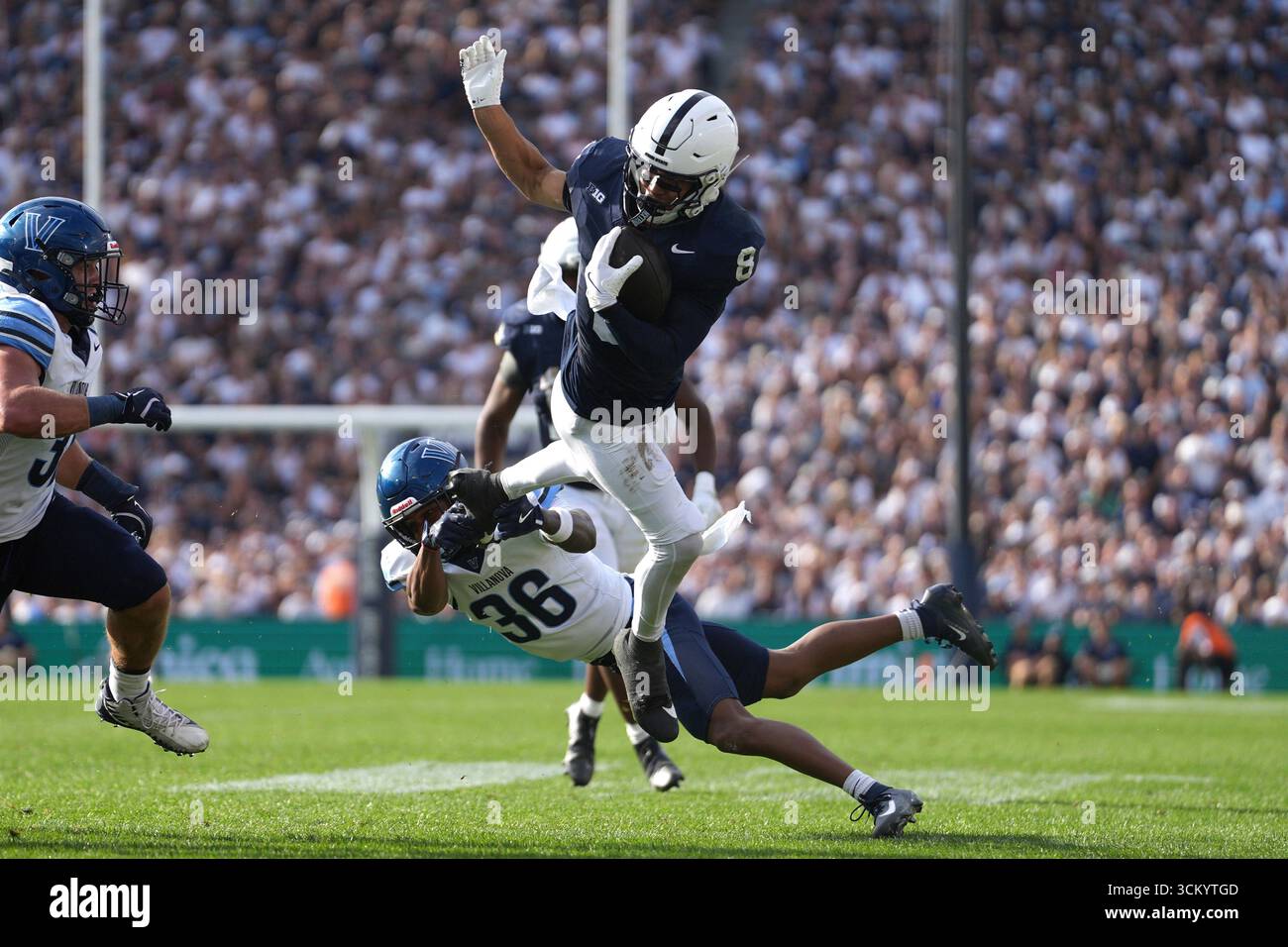 Penn State wide receiver Trebor Peña (8) jumps over Villanova ...