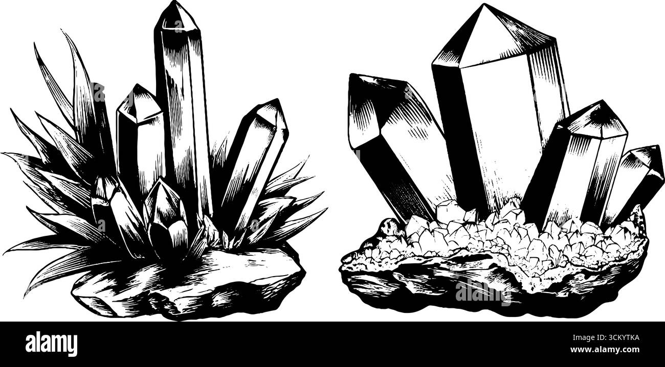 Hand drawn crystal cluster and quartz shard sketch for retro design ...