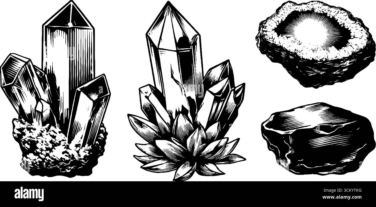 Hand drawn crystal cluster and quartz shard sketch for design decor ...