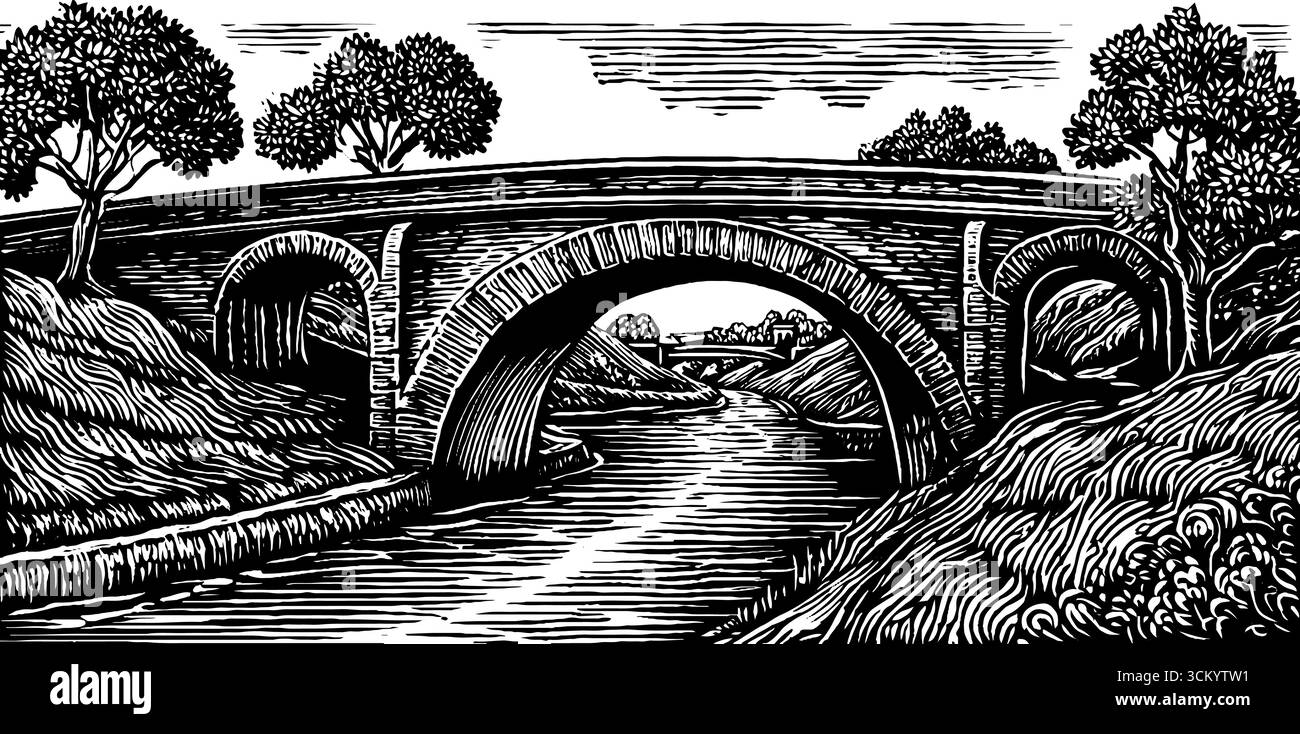 Arched bridge over narrow canal in black and white vintage style for ...