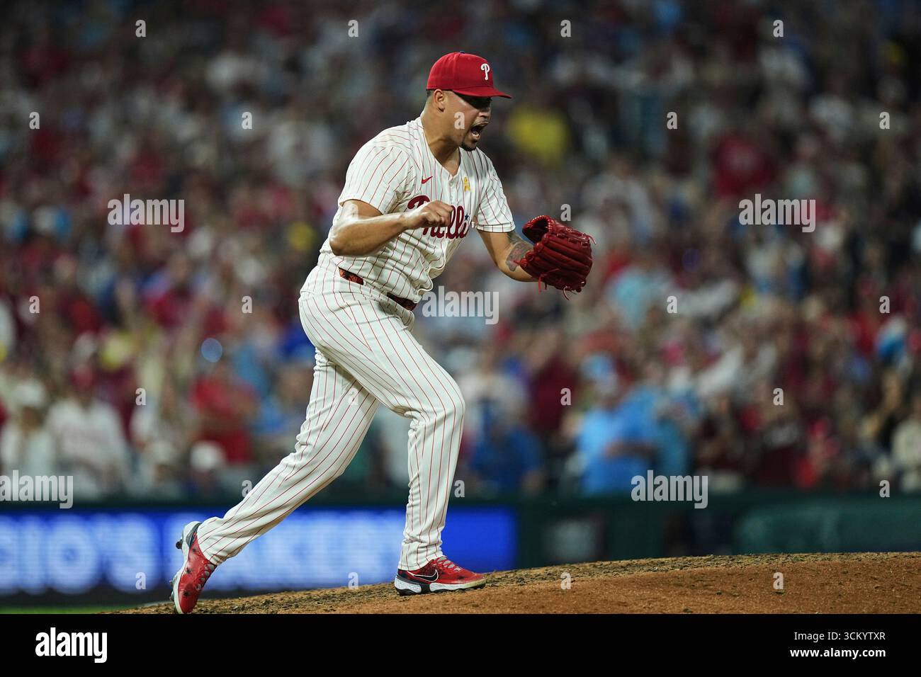 Philadelphia Phillies pitcher Jhoan Duran reacts after the Phillies ...