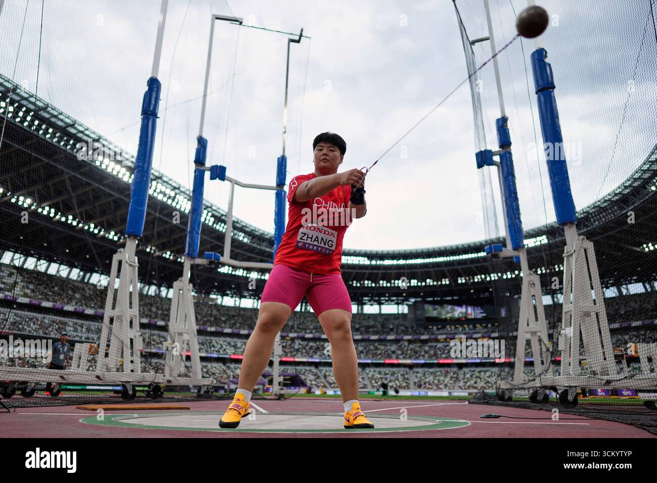 China's Zhang Jiale makes an attempt at the women's hammer throw qualification at the World ...