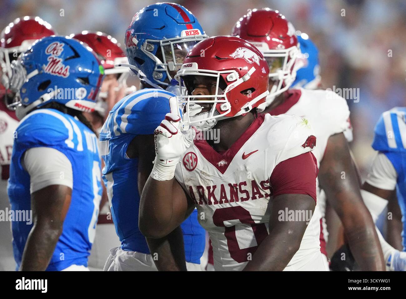 Arkansas running back Braylen Russell (0) gestures after scoring a ...