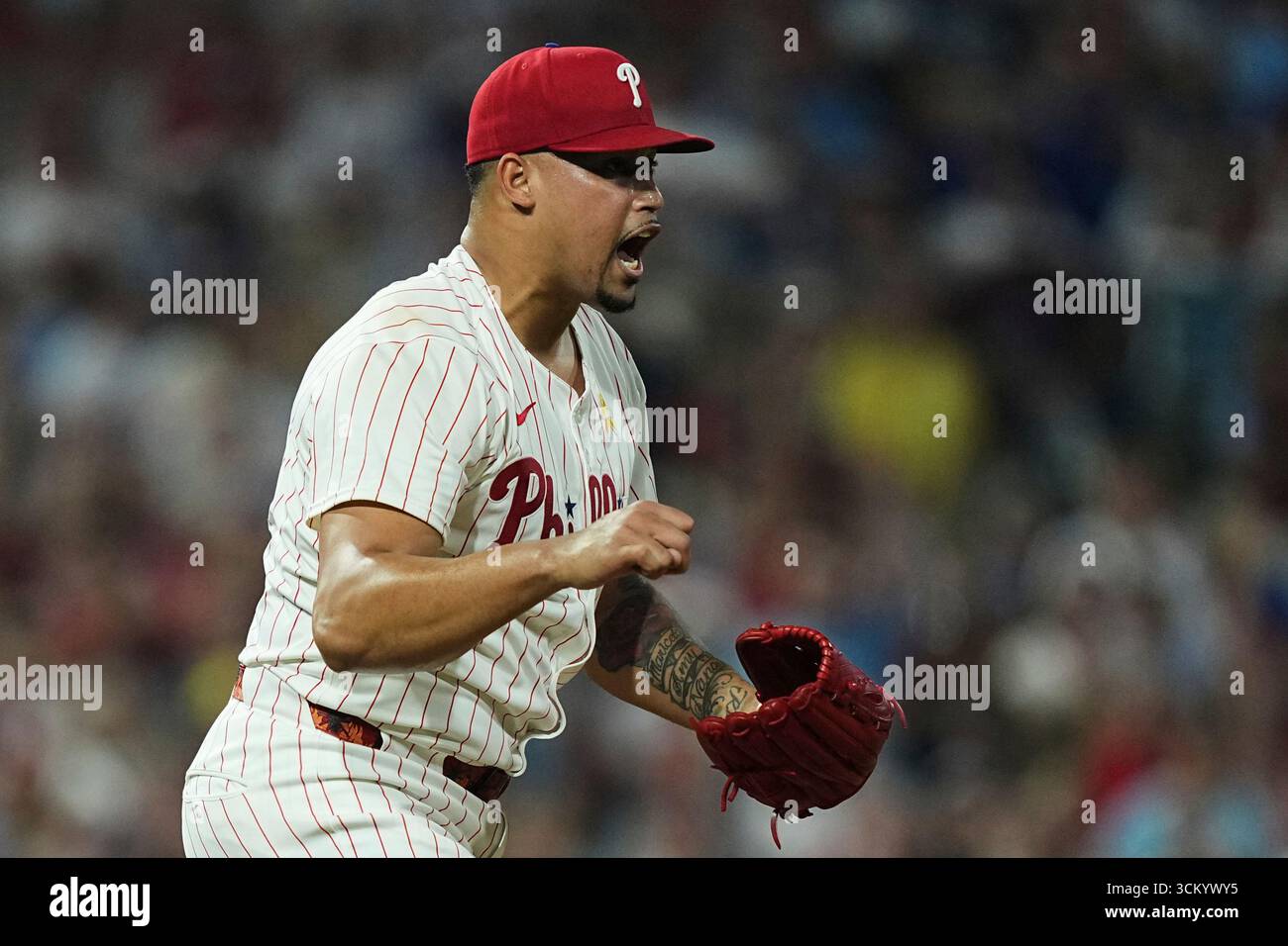 Philadelphia Phillies pitcher Jhoan Duran reacts after the Phillies ...