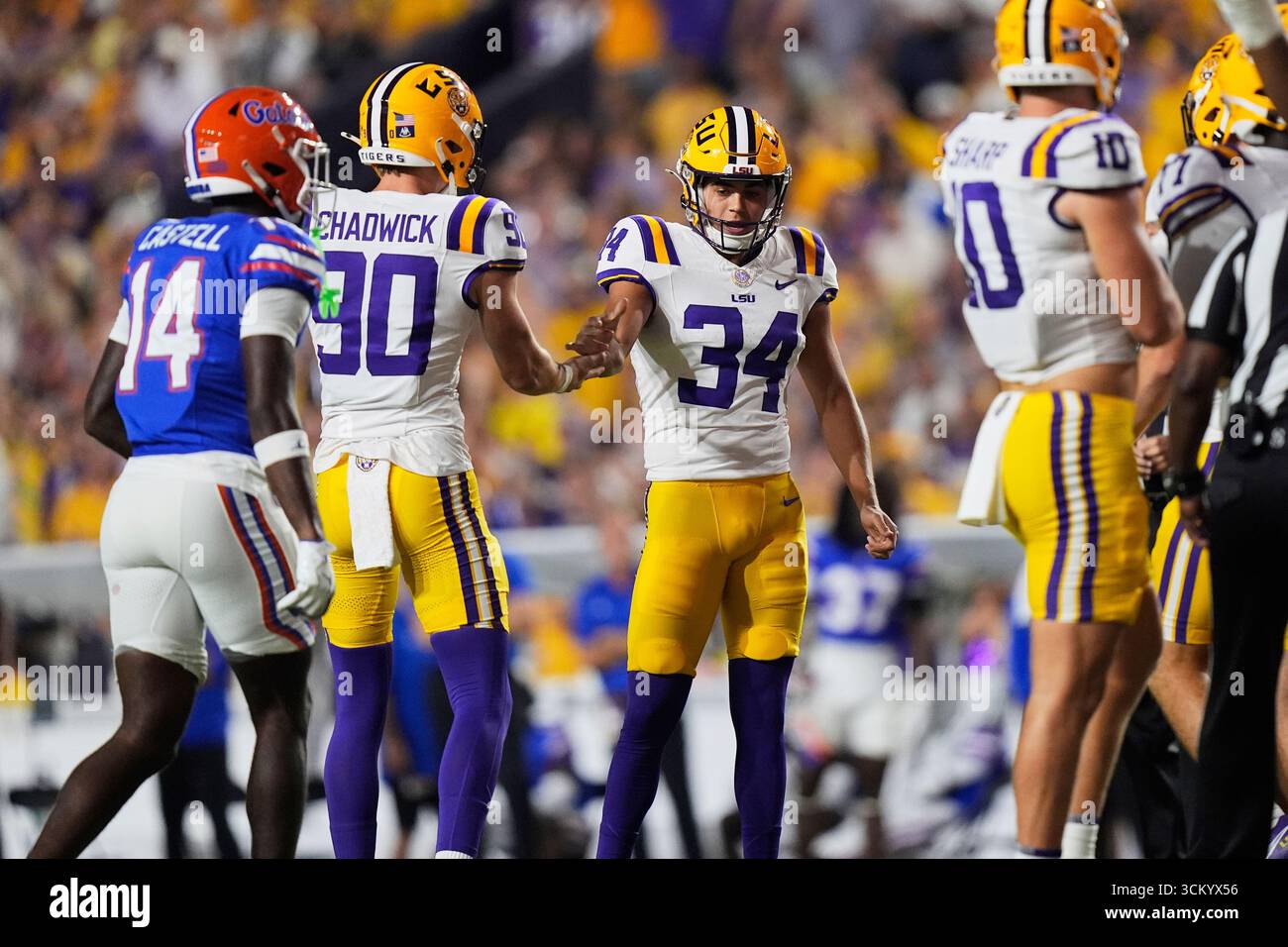 LSU place kicker Damian Ramos (34) is congratulated by holder Grant ...