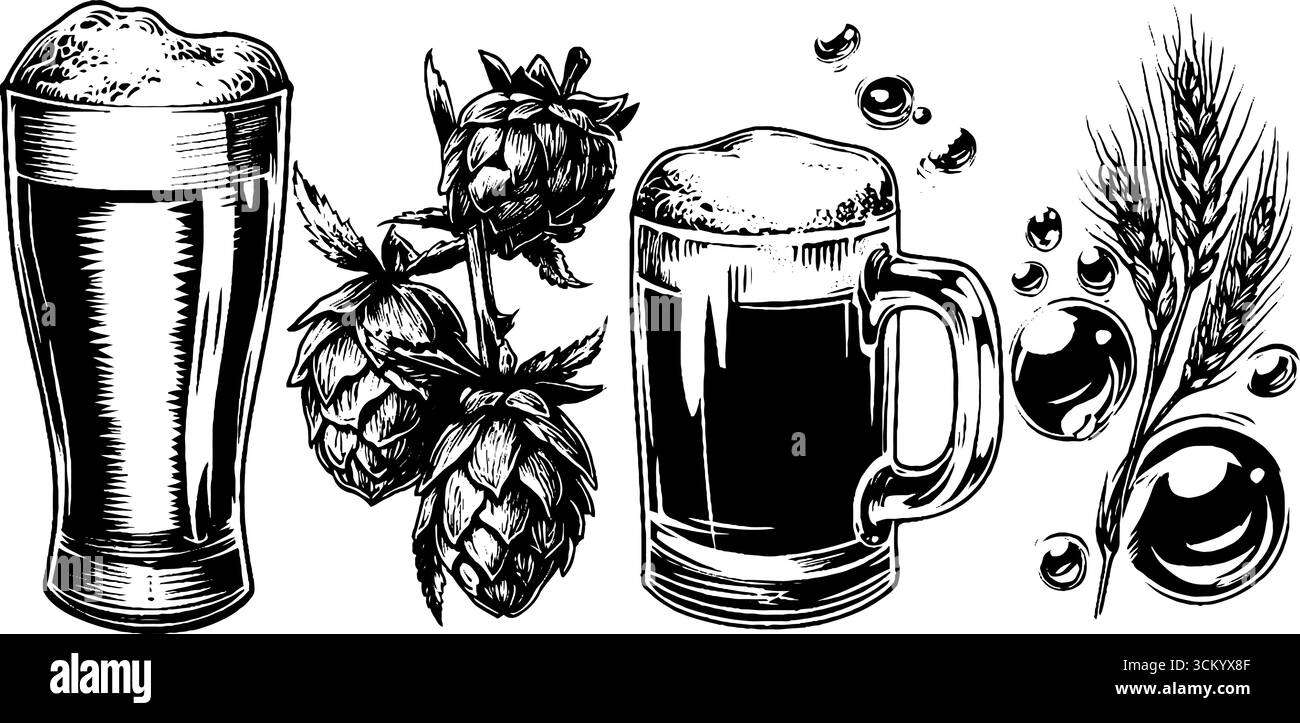 Vintage beer collection with foam, hops, and barley for design and ...