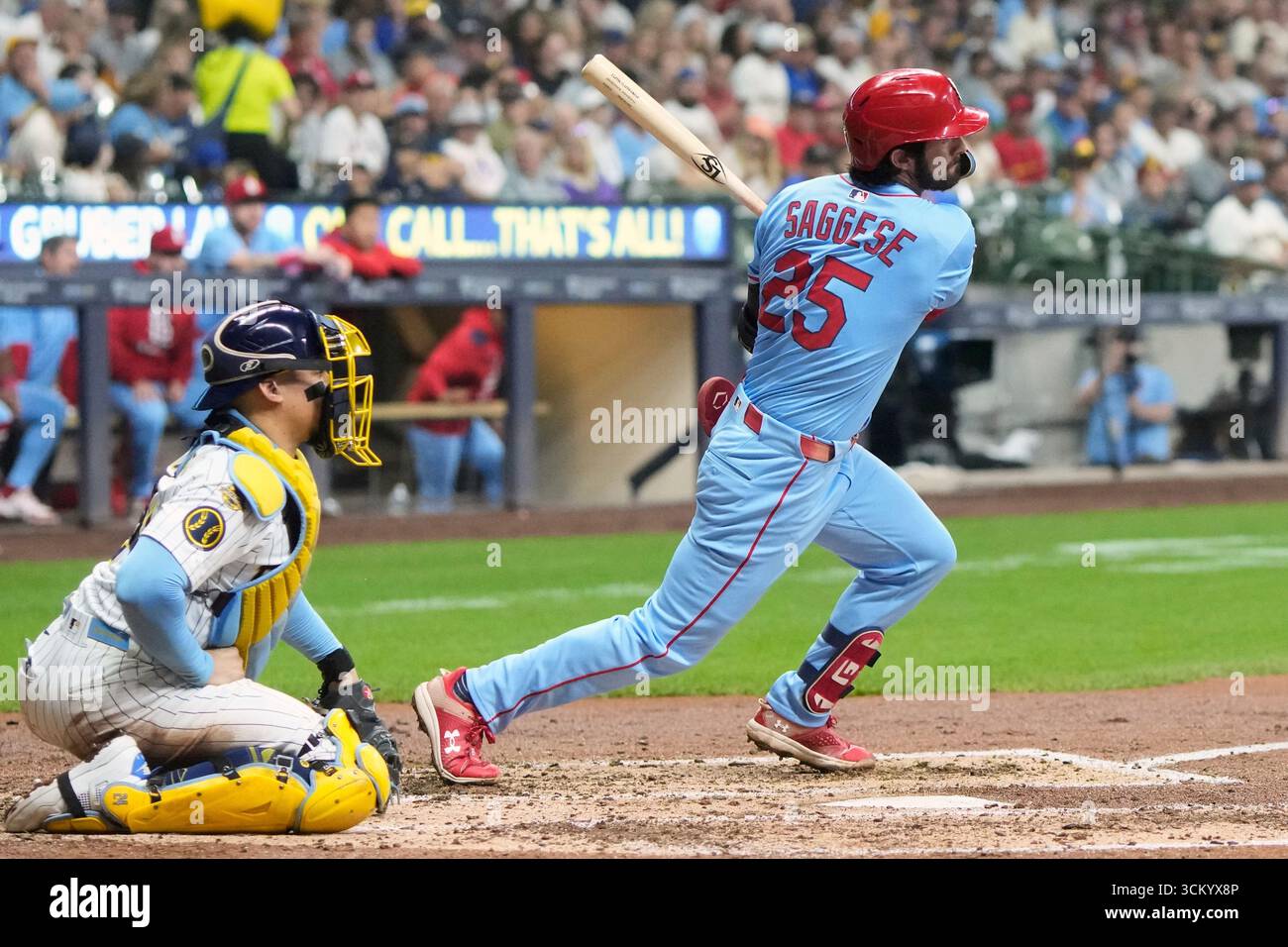 St. Louis Cardinals' Thomas Saggese hits a single during the fourth ...
