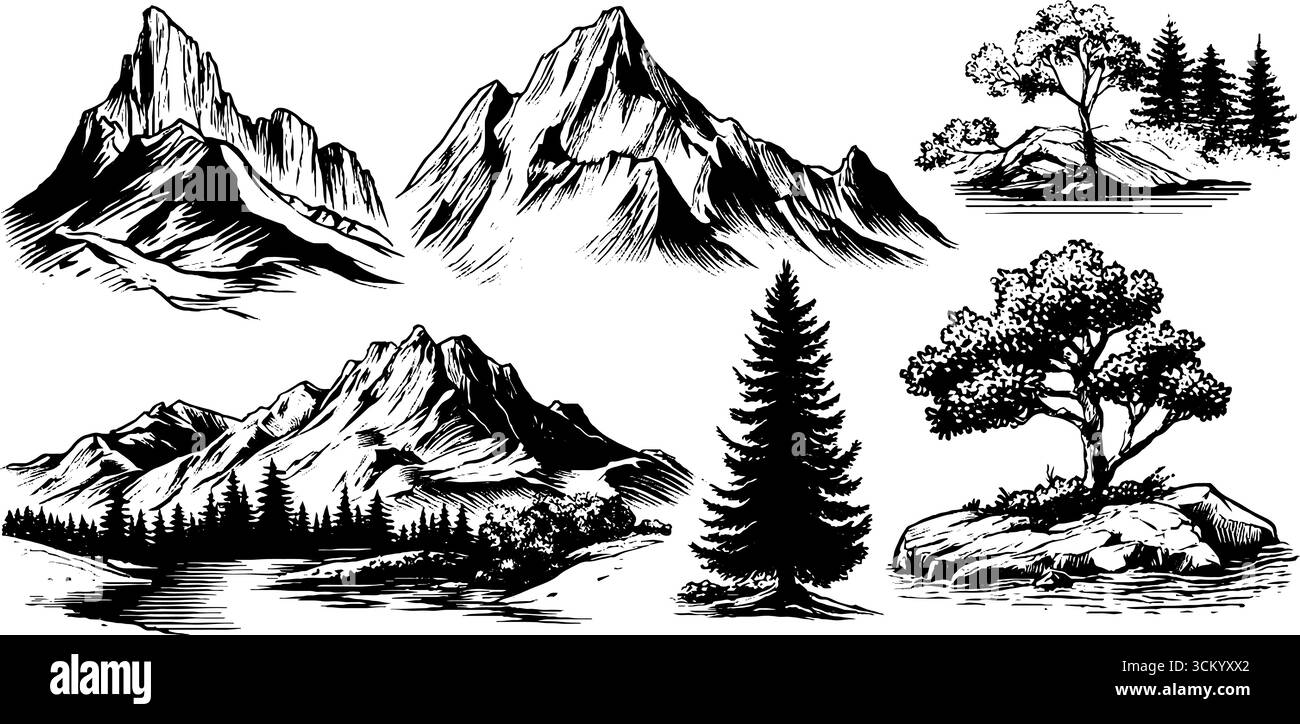 Hand drawn mountain landscapes and nature elements for design and ...